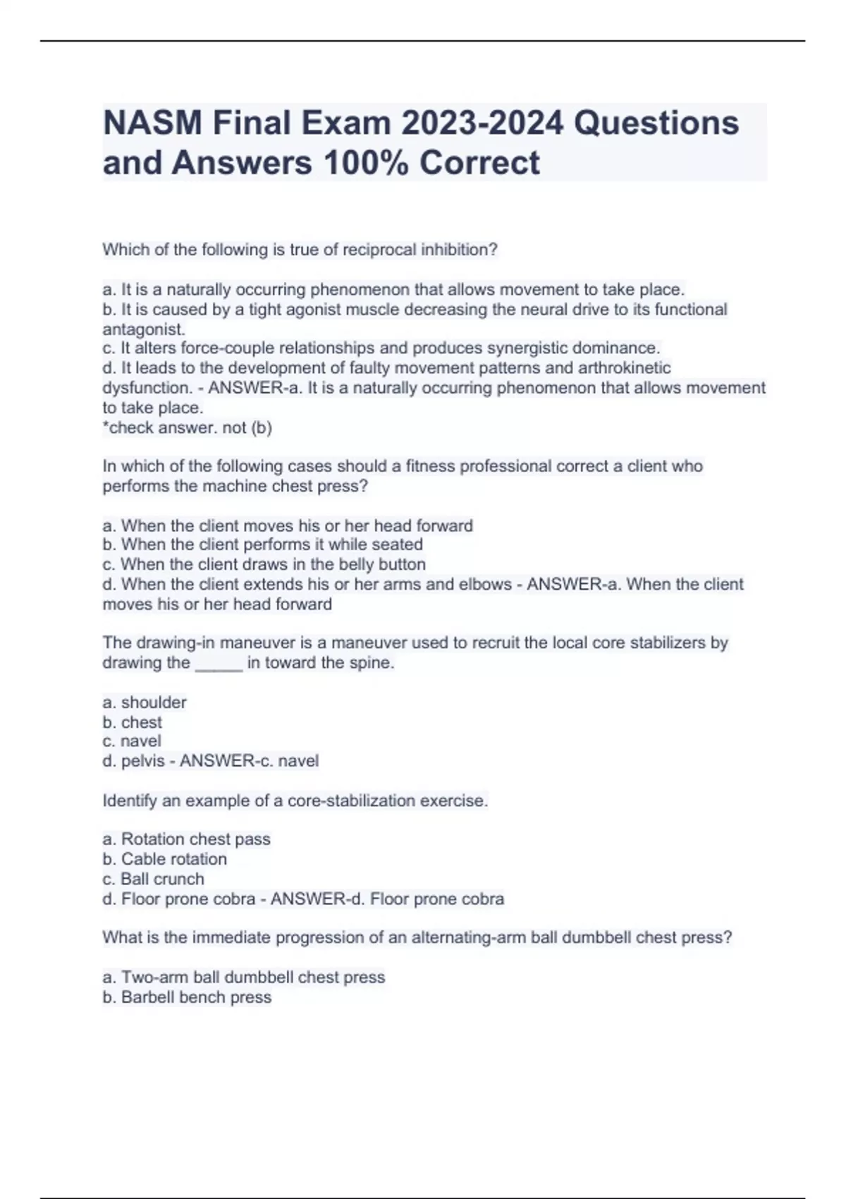 NASM Final Exam Questions and Answers 100% Correct - Nasm - Stuvia US