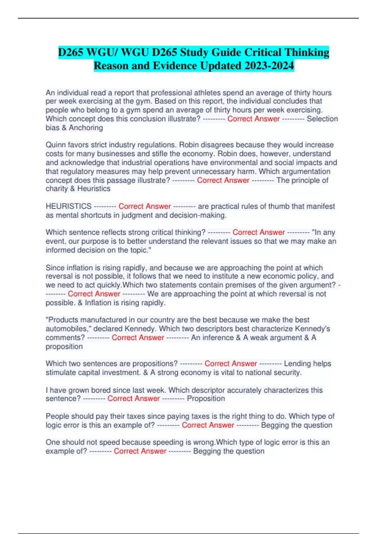 D265 WGU/ WGU D265 Study Guide Critical Thinking Reason and Evidence ...