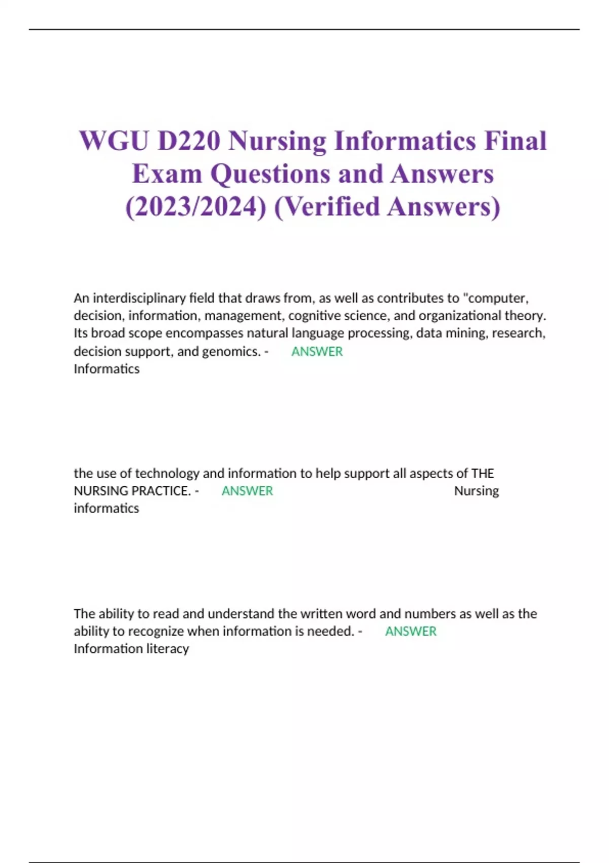 WGU D220 Nursing Informatics Final Exam Questions and Answers (2023/2024) (Verified Answers ...
