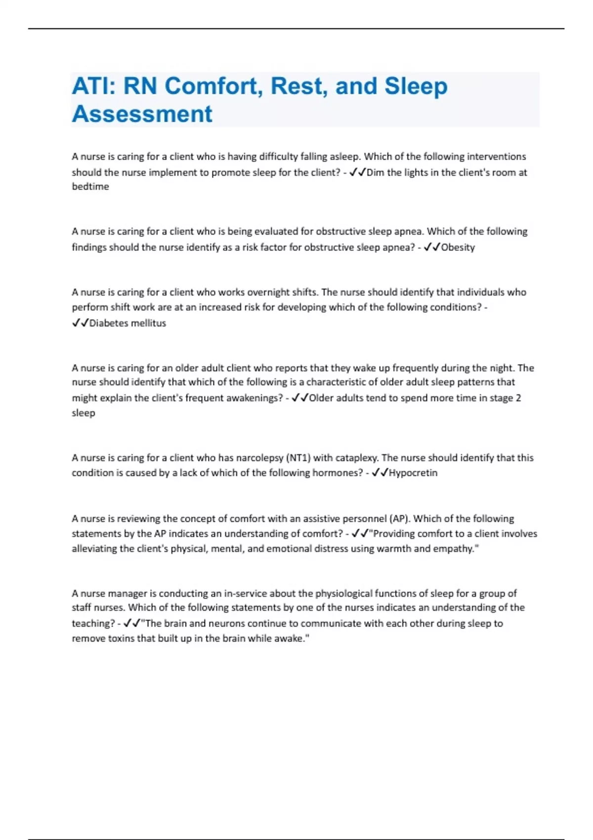 ATI: RN Comfort, Rest, and Sleep Assessment | Questions and Answers ...