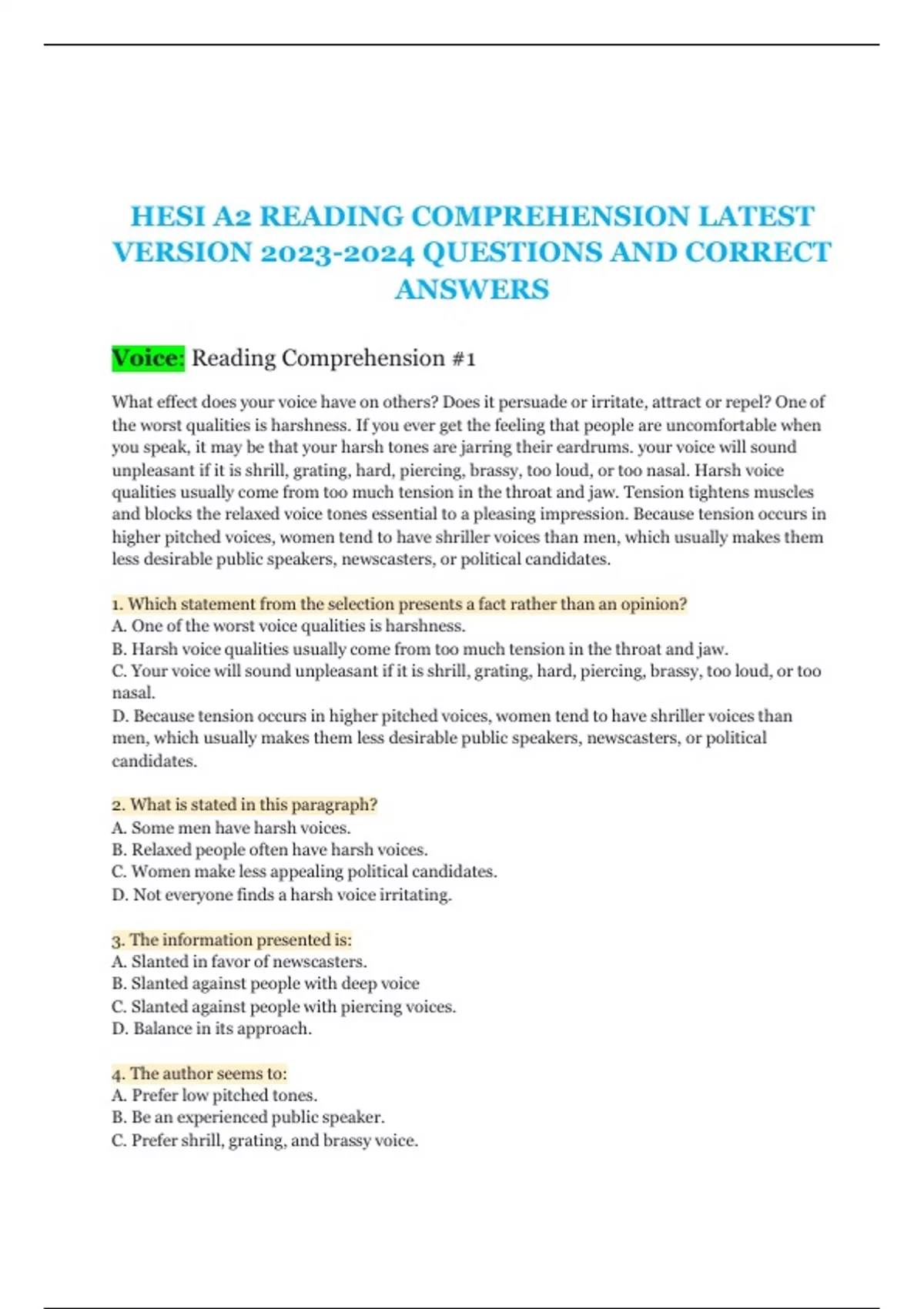 HESI A2 READING COMPREHENSION LATEST VERSION QUESTIONS AND CORRECT ...