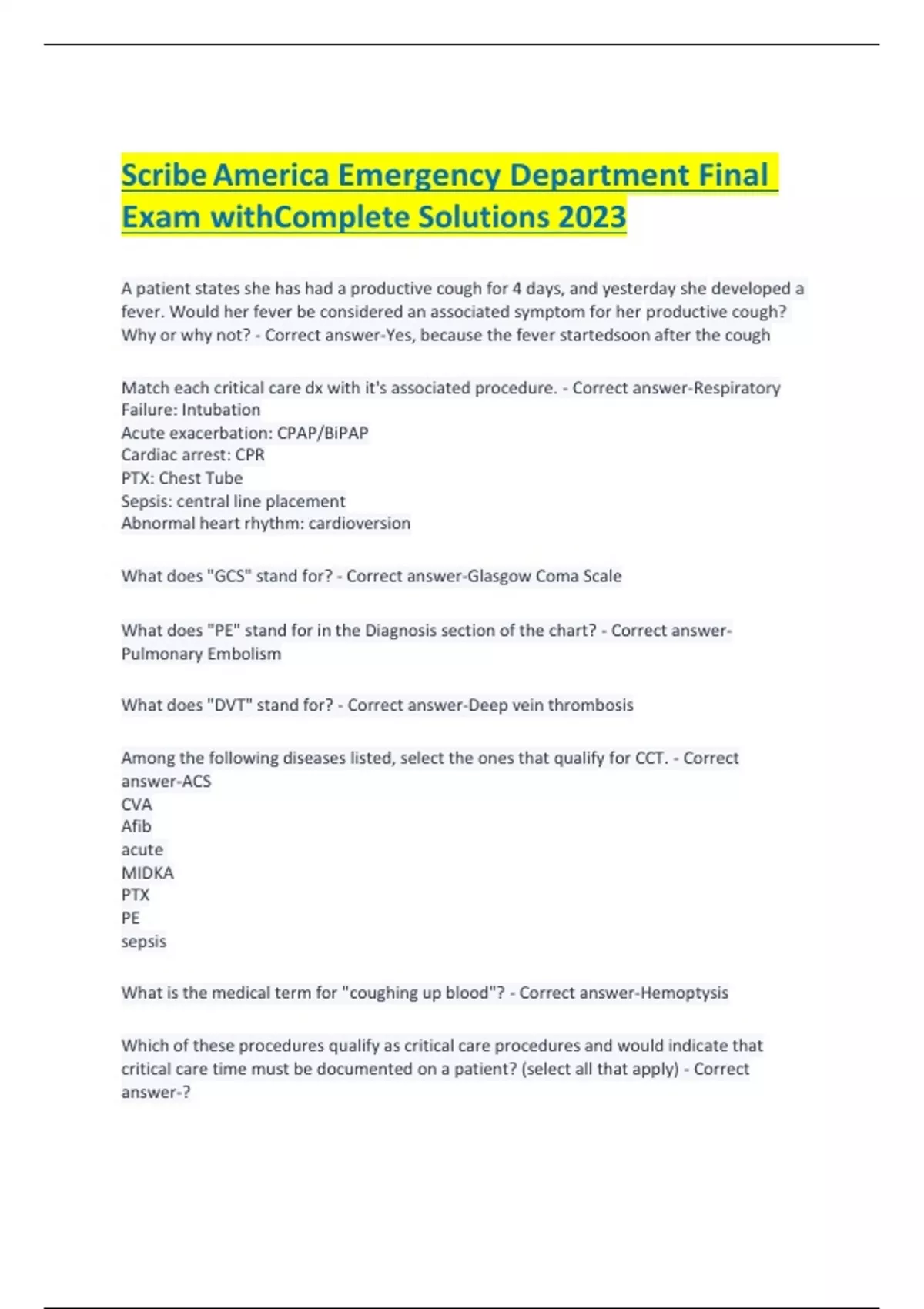 Scribe America Emergency Department Final Exam with Complete Solutions ...