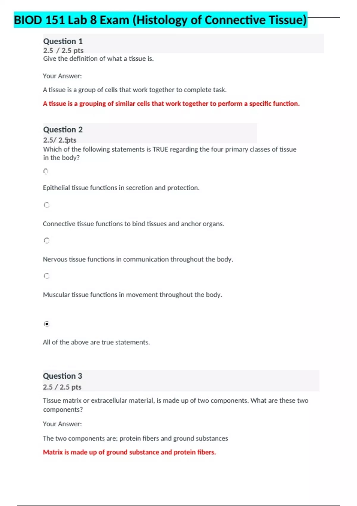 BIOD 151 Lab 8 Exam (Histology of Connective Tissue) - BIOD 151 - Stuvia US