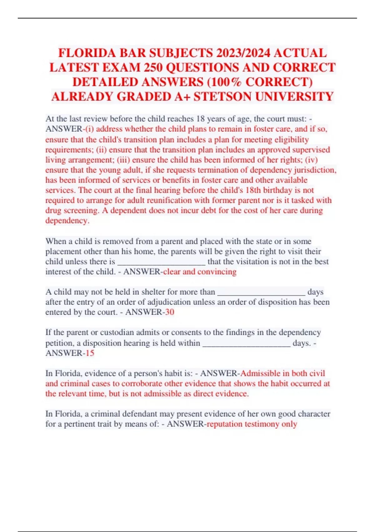 FLORIDA BAR SUBJECTS 2023/2024 ACTUAL LATEST EXAM 250 QUESTIONS AND ...