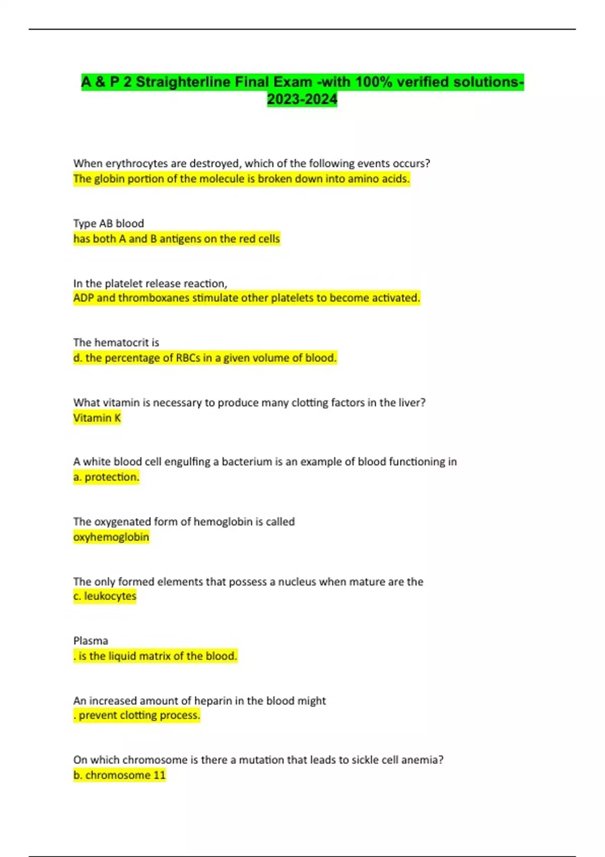 A & P 2 Straighterline Final Exam -with 100% verified solutions- - A ...