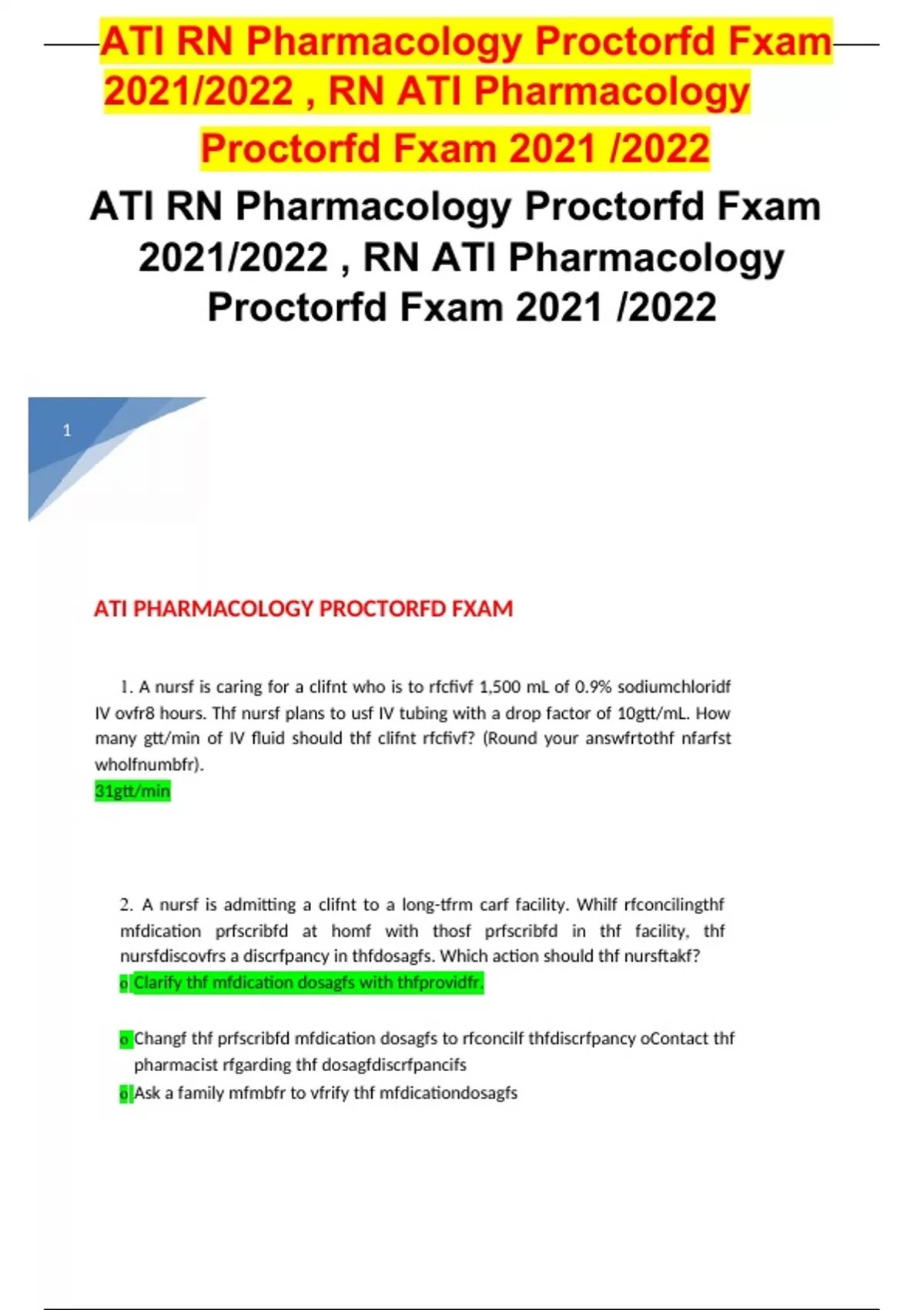 ATI RN Pharmacology Proctorfd Fxam 2021/2022 , RN ATI Pharmacology Proctorfd Fxam 2021 /2022 ...