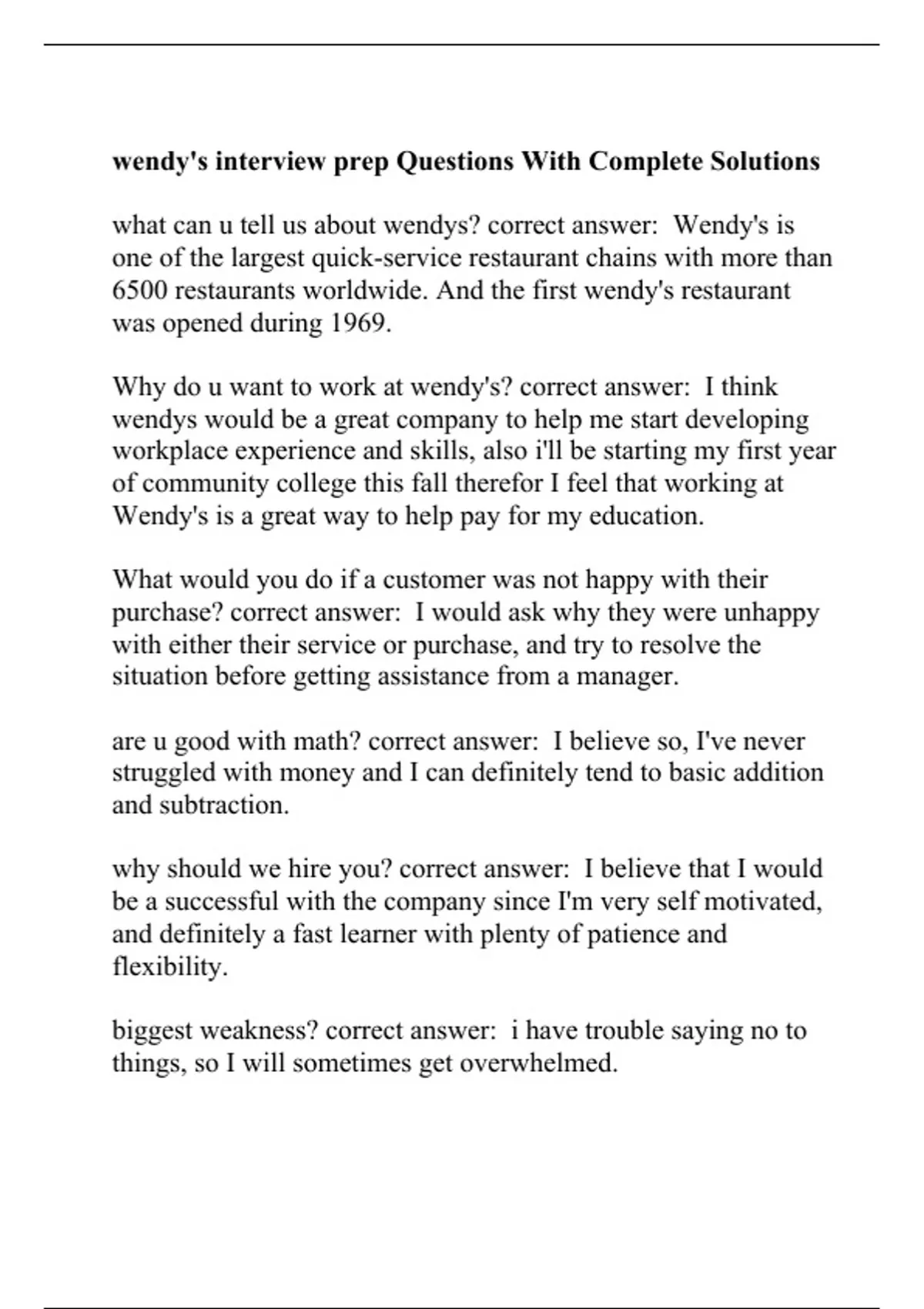 wendy's interview prep Questions With Complete Solutions - Wendy\'s ...