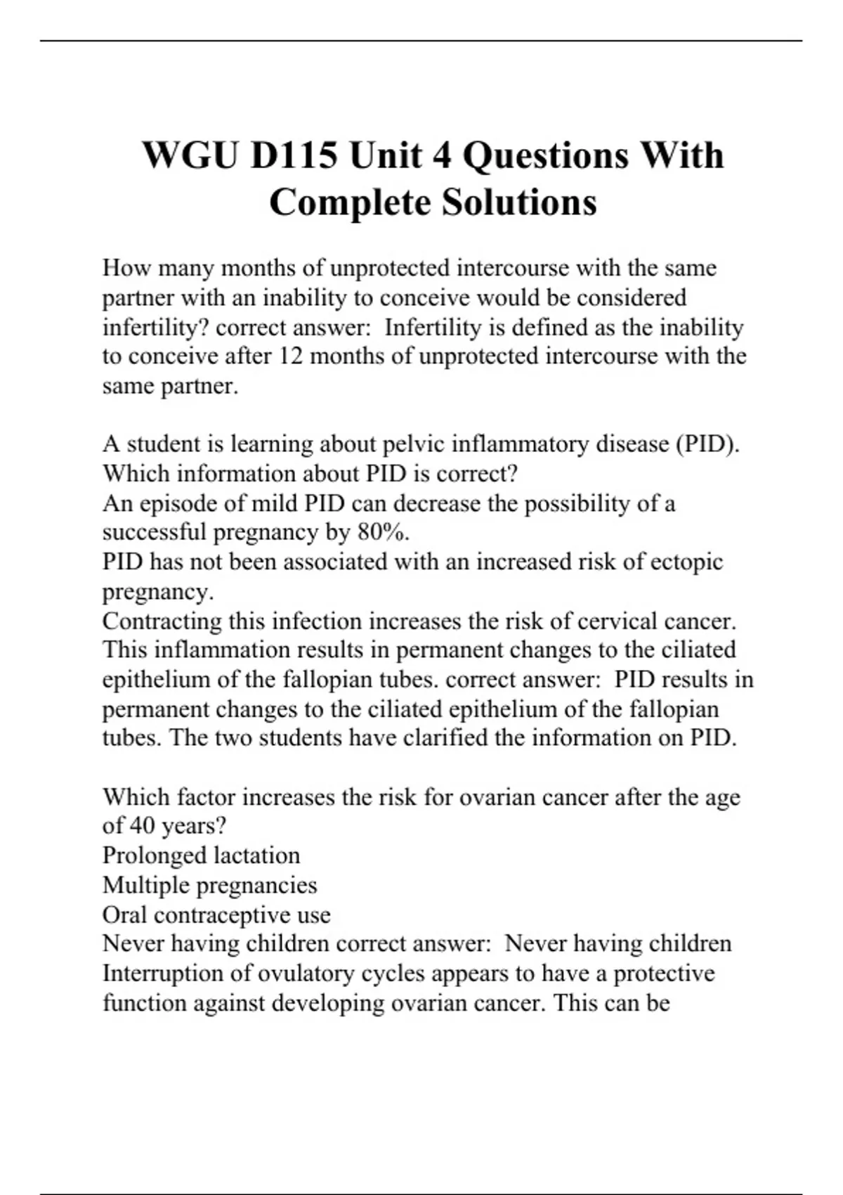 WGU D115 Unit 4 Questions With Complete Solutions - WGU D115 - Stuvia US