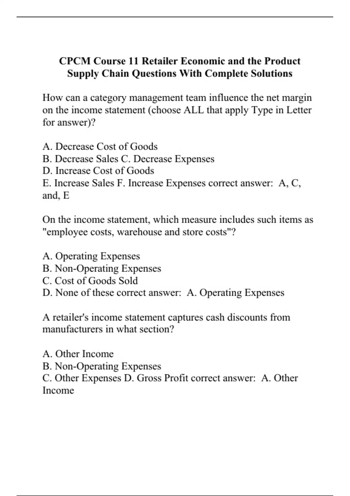CPCM Course 11 Retailer Economic and the Product Supply Chain Questions ...
