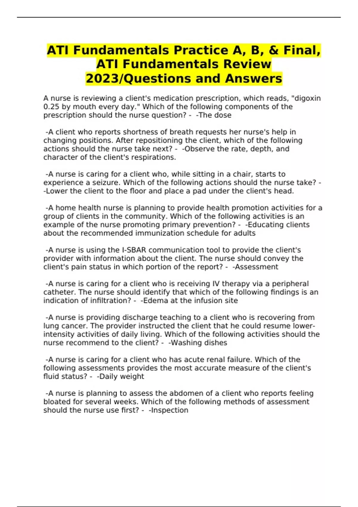 ATI Fundamentals Practice A, B, & Final, ATI Fundamentals Review 2023/Questions and Answers ...