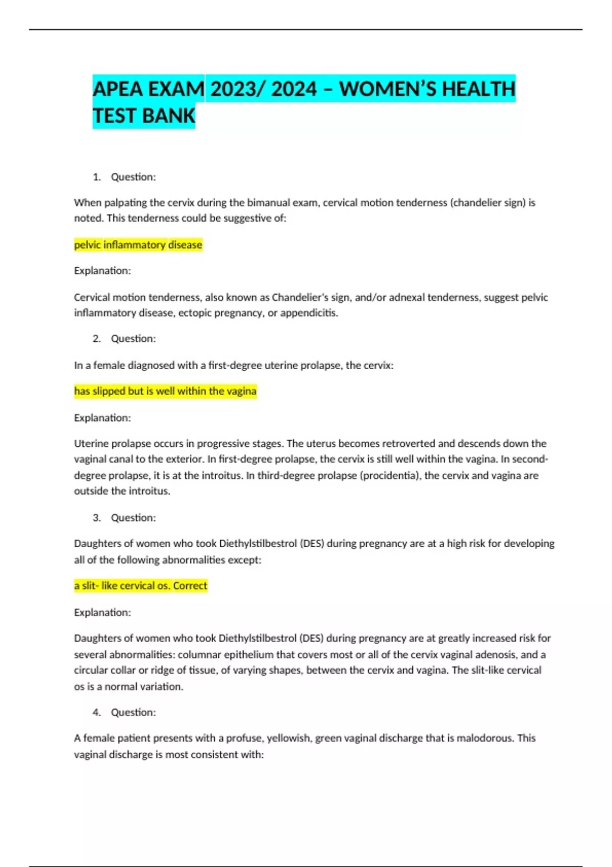 APEA EXAM 2023/ 2024 – WOMEN’S HEALTH TEST BANK (ALL ANSWERS WITH ...