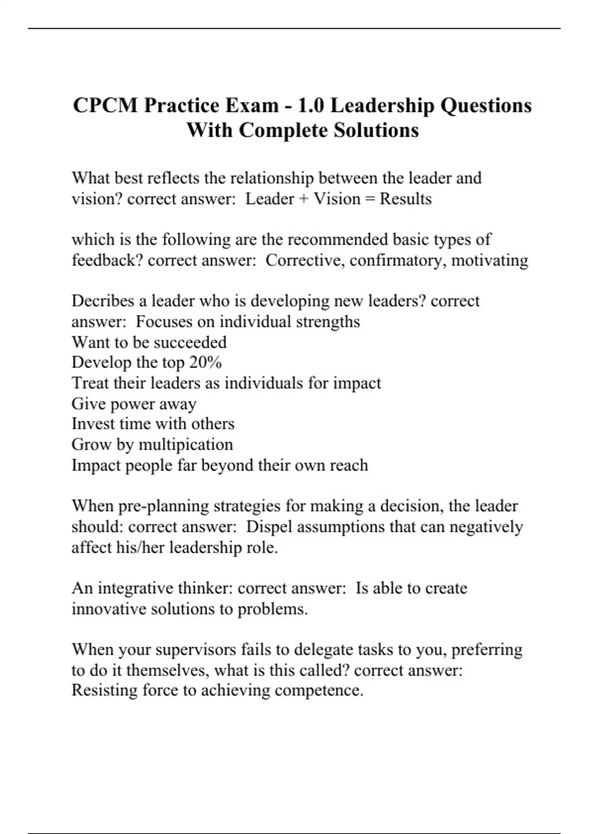 CPCM Practice Exam - 1.0 Leadership Questions With Complete Solutions ...