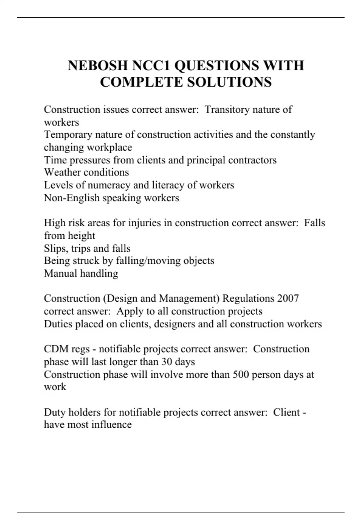 NEBOSH NCC1 QUESTIONS WITH COMPLETE SOLUTIONS. - NEBOSH - Stuvia US