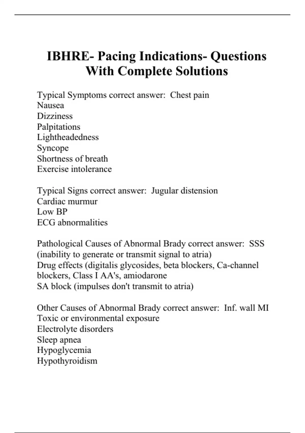 IBHRE- Pacing Indications- Questions With Complete Solutions - IBHRE ...