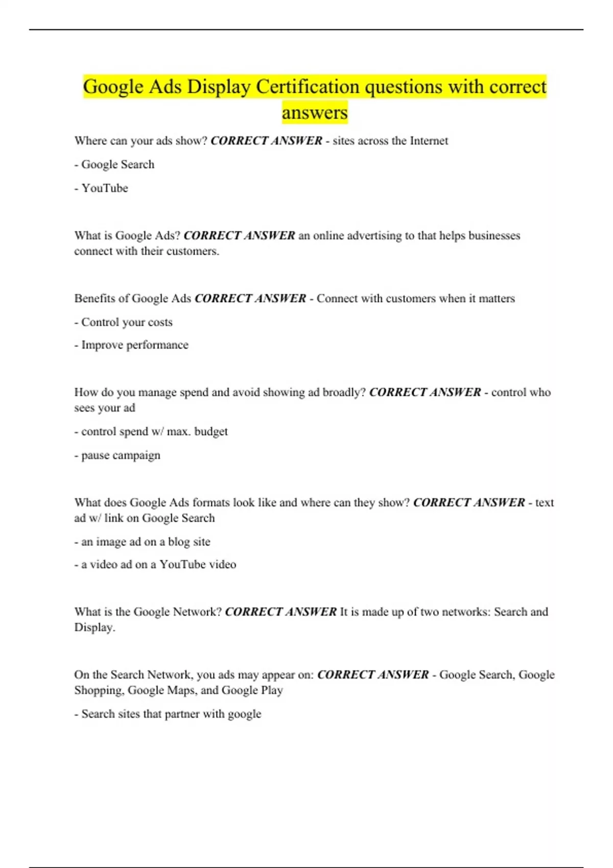 Google Ads Display Certification questions with correct answers - Google Ads Display ...