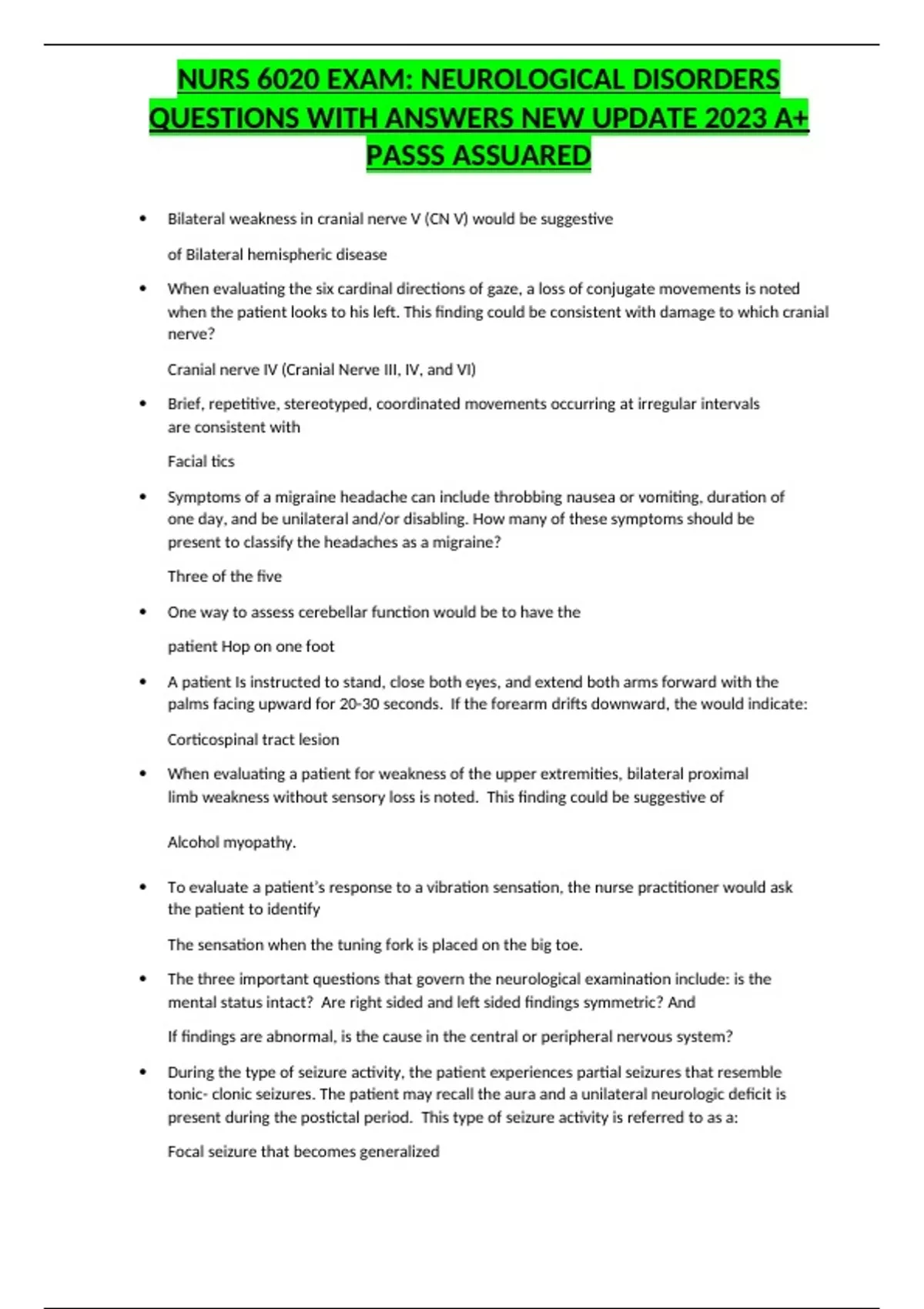 NURS 6020 EXAM: NEUROLOGICAL DISORDERS QUESTIONS WITH ANSWERS NEW ...