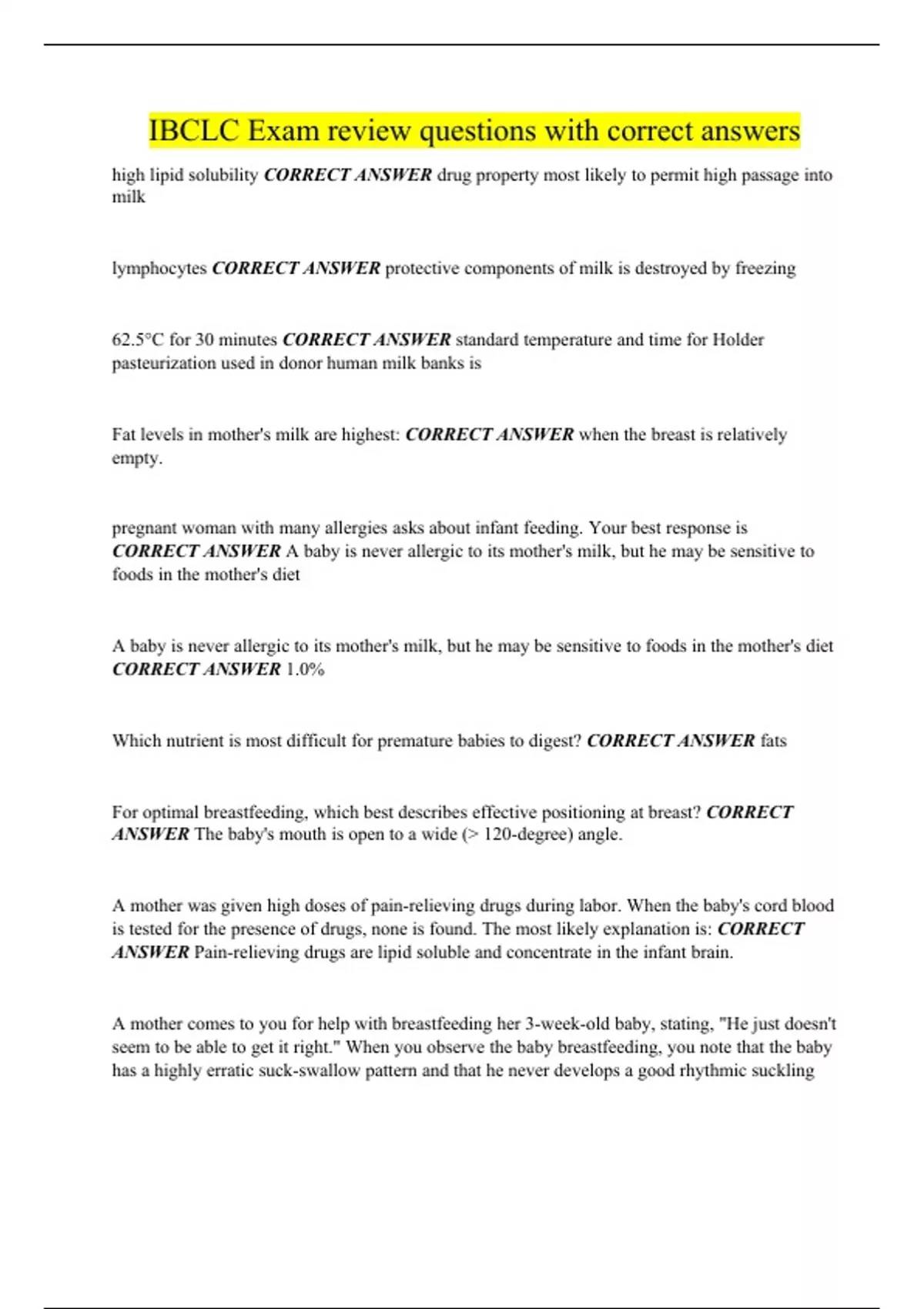 IBCLC Exam review questions with correct answers - IBCLC - Stuvia US