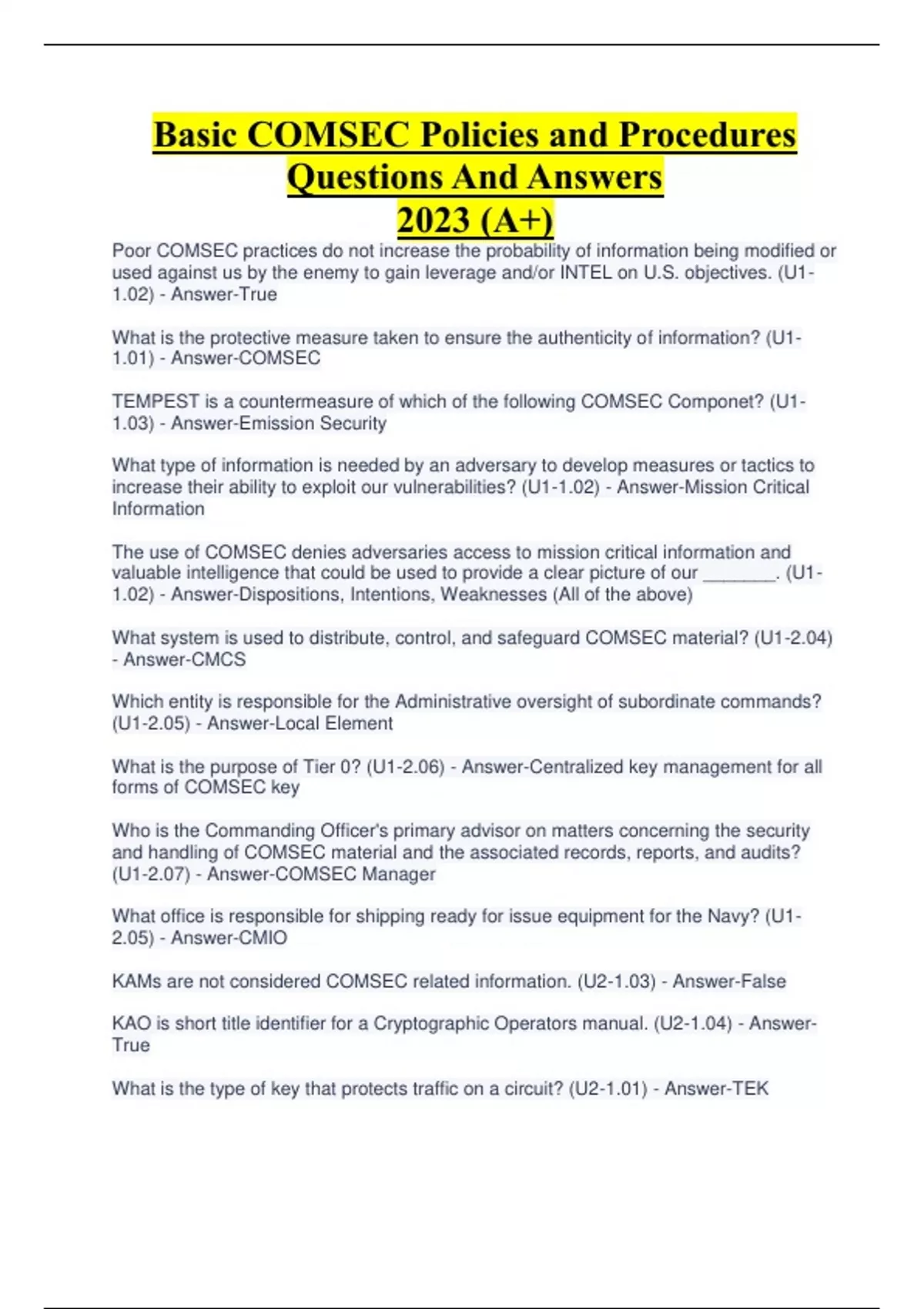 Basic COMSEC Policies and Procedures Questions And Answers 2023 (A+) - Basic COMSEC Policies and ...