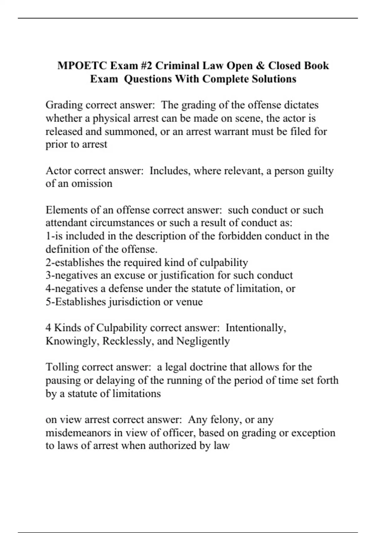 MPOETC Exam #2 Criminal Law Open & Closed Book Exam Questions With ...