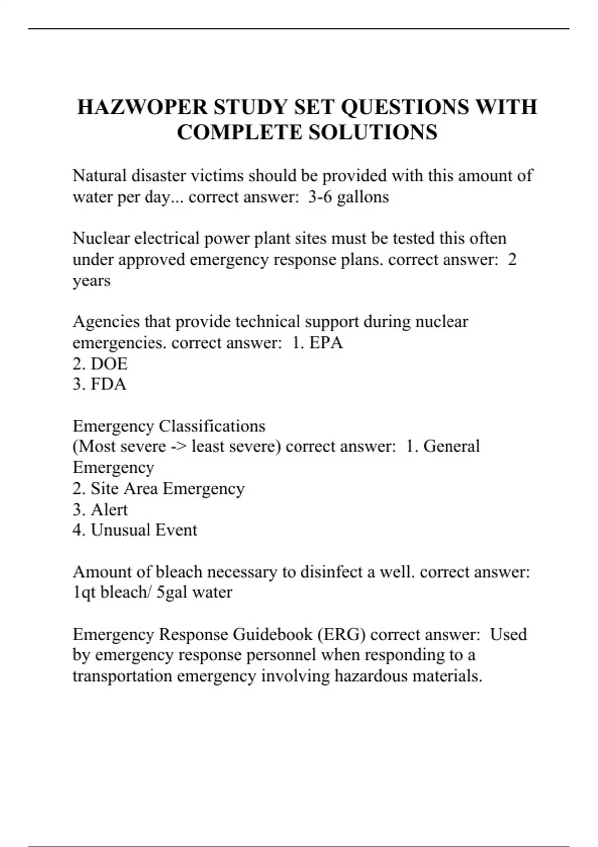 HAZWOPER STUDY SET QUESTIONS WITH COMPLETE SOLUTIONS - Hazwoper 40 ...