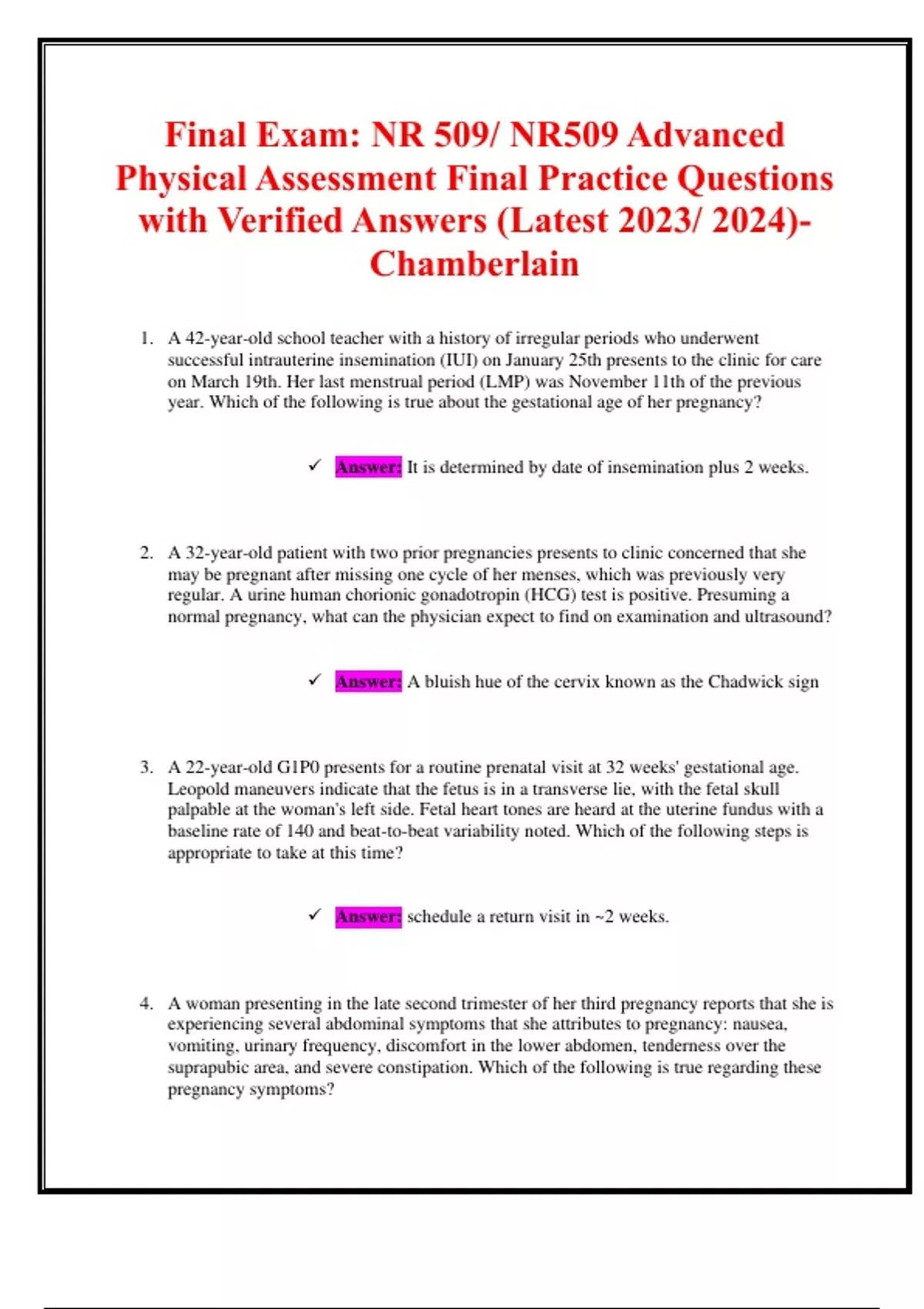 Final Exam: NR 509/ NR509 Advanced Physical Assessment Final Practice ...