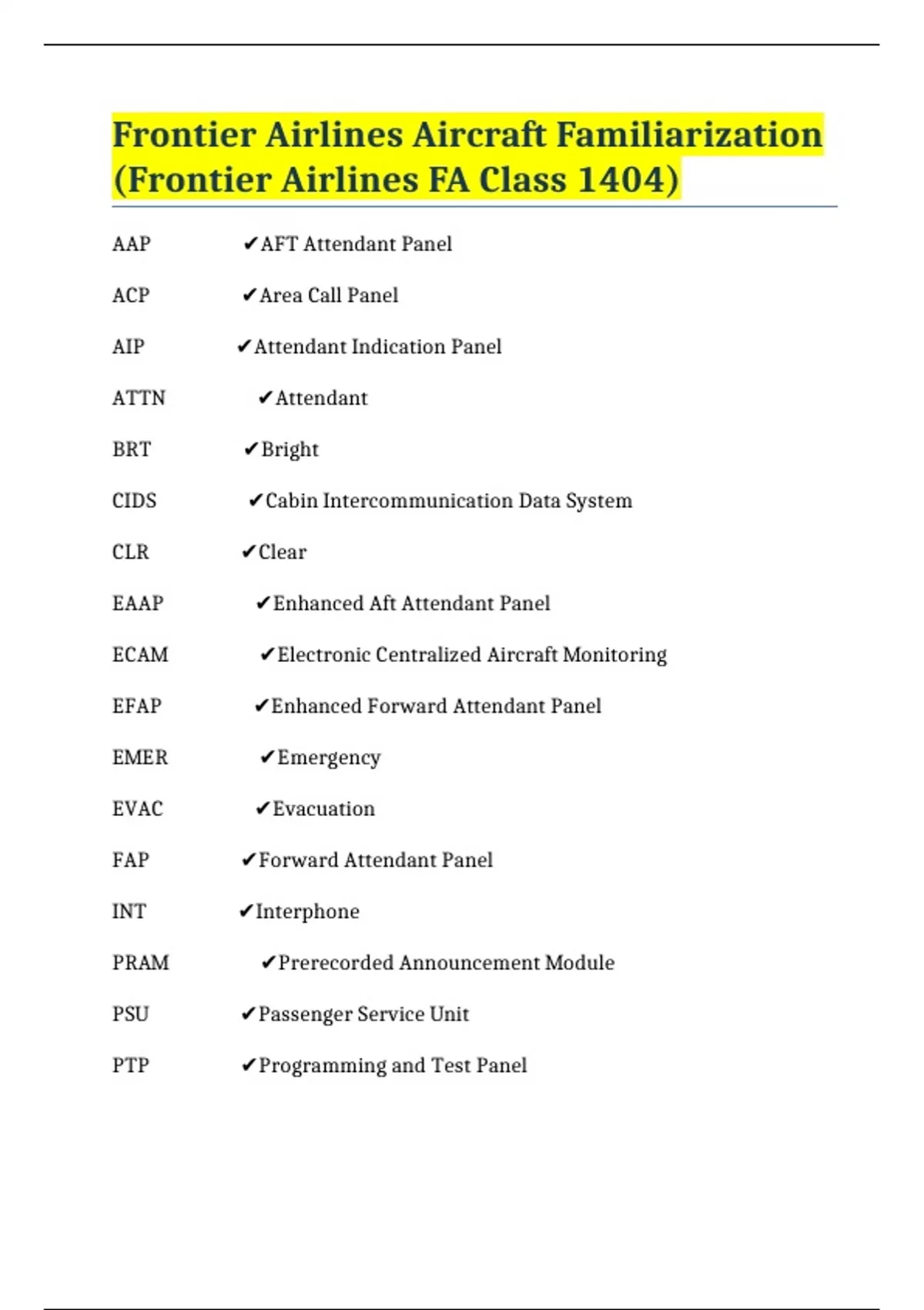 Frontier Airlines Aircraft Familiarization (Frontier Airlines FA Class ...