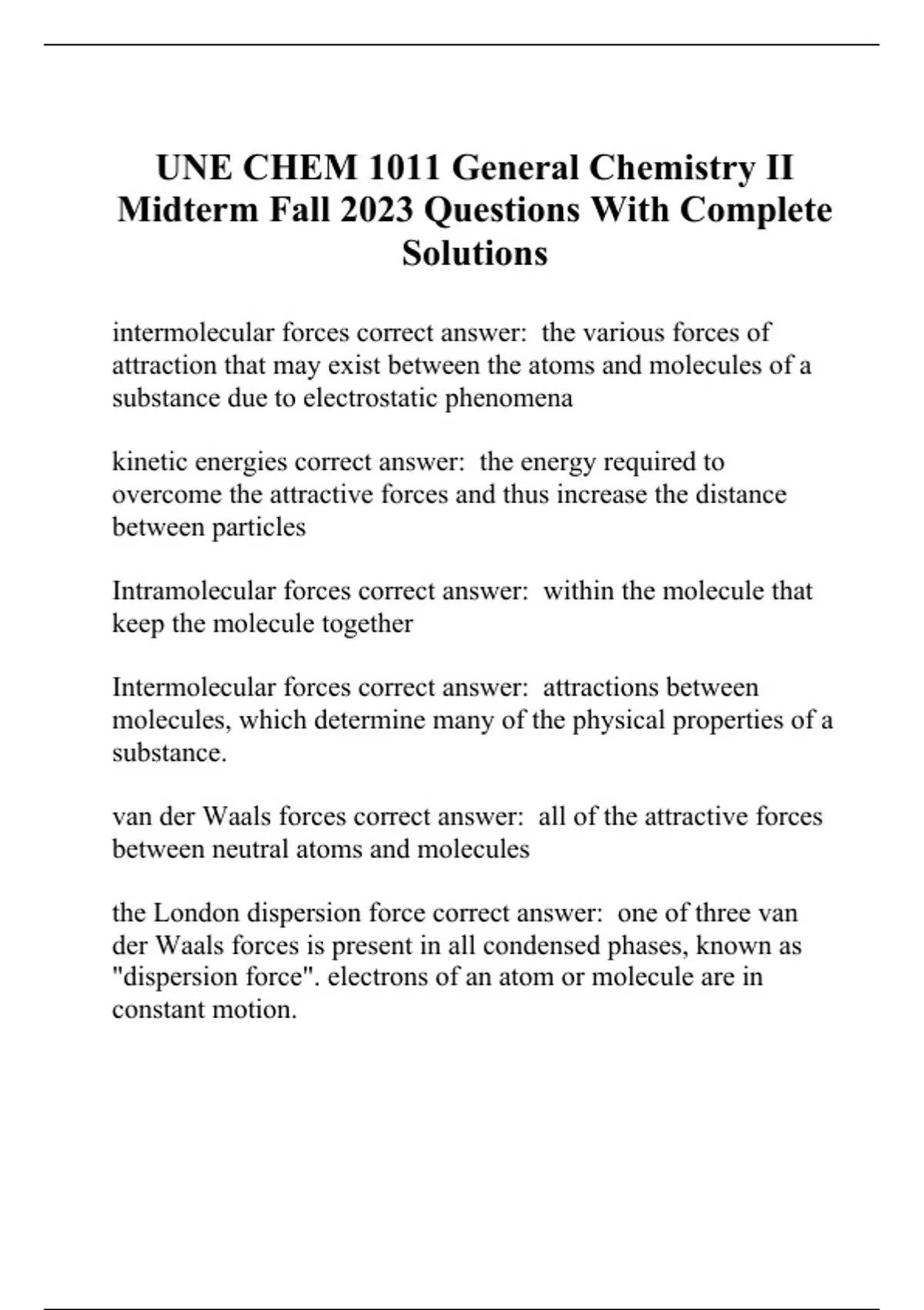 UNE CHEM 1011 General Chemistry II Midterm Fall 2023 Questions With Complete Solutions - UNE ...