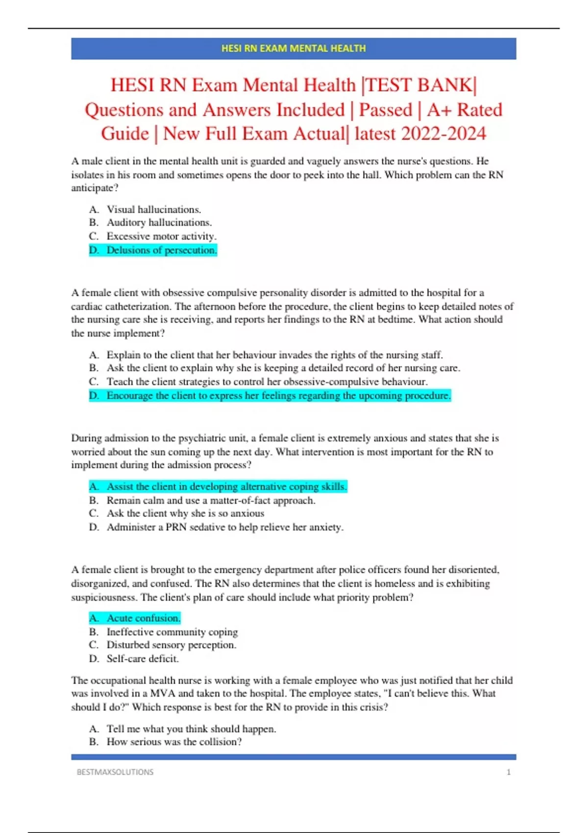 (Complete) HESI RN Exam Mental Health| Most Recent Versions|Questions ...