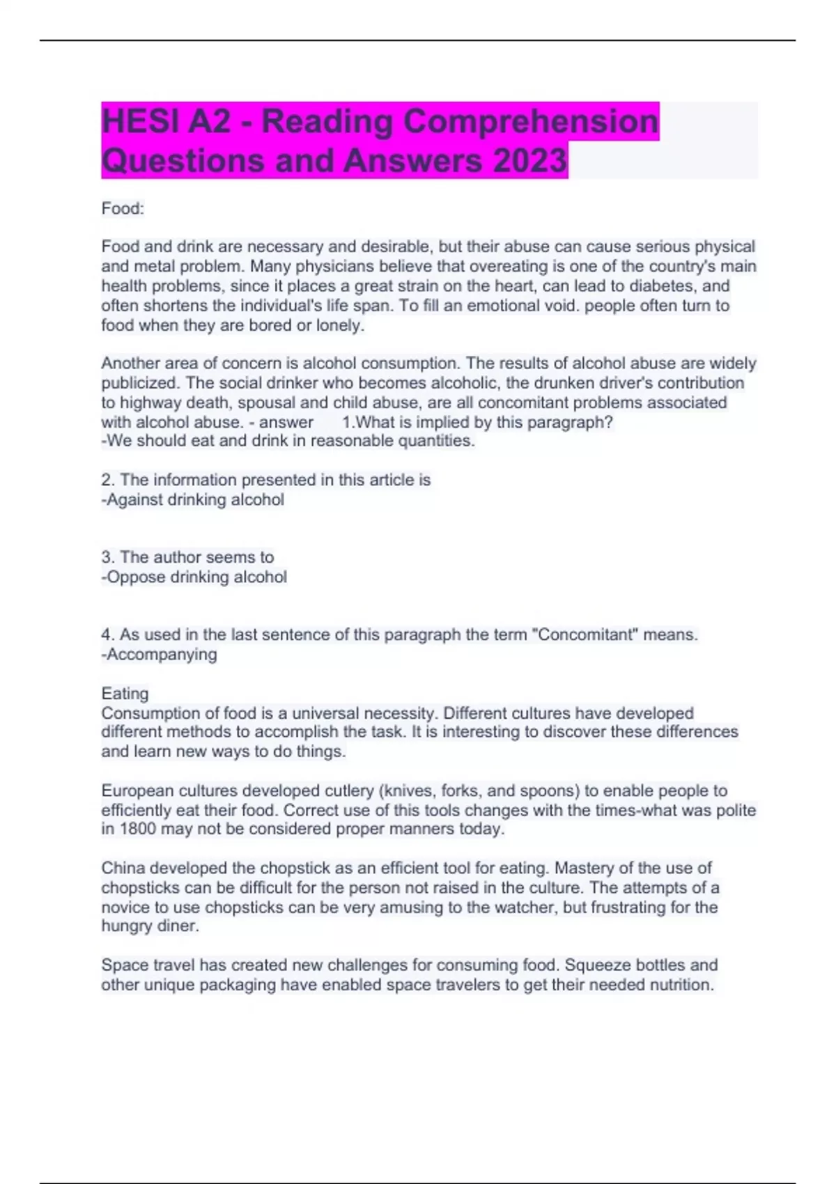 HESI A2 - Reading Comprehension Questions and Answers 2023 - Hesi A2 ...