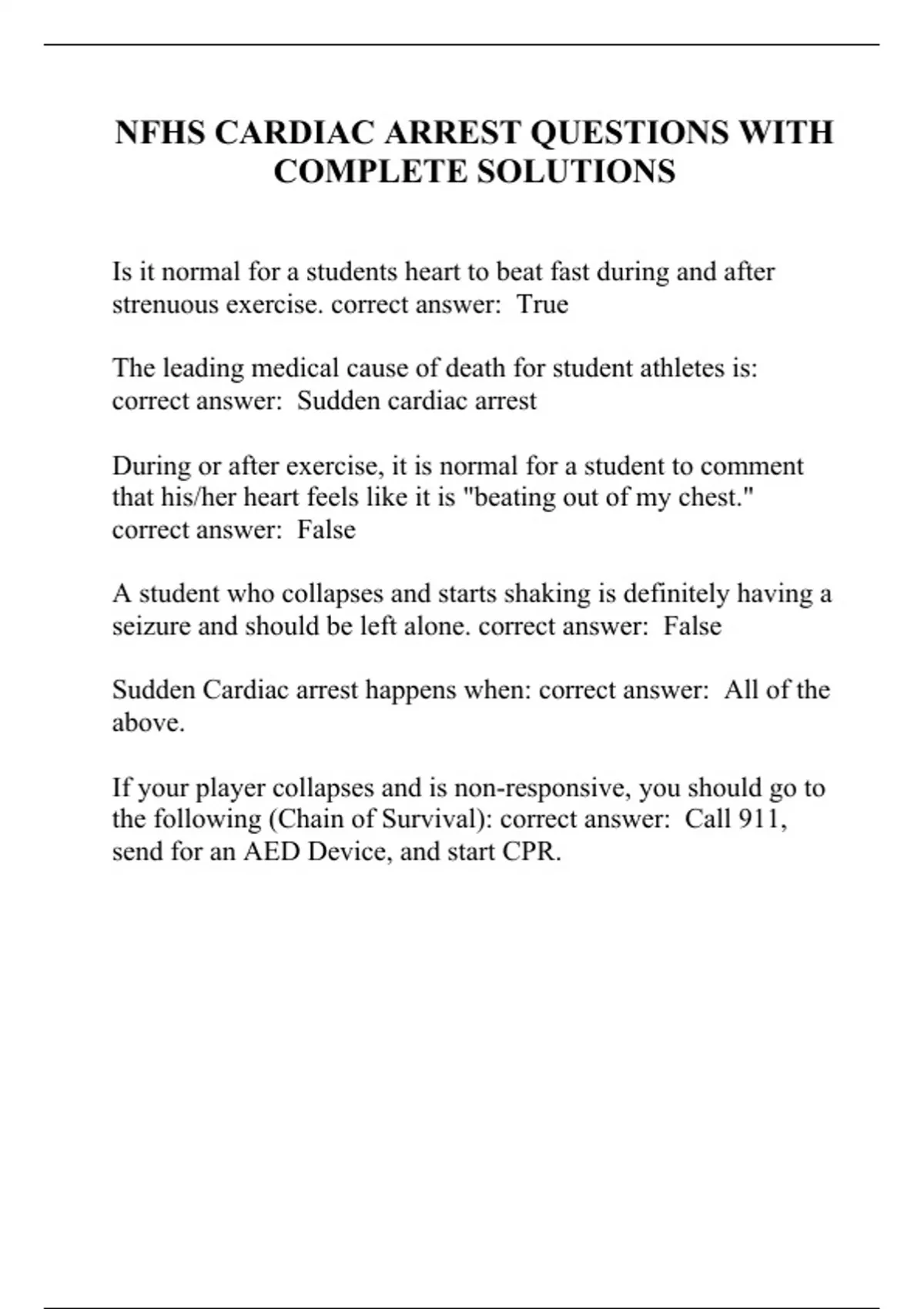 NFHS CARDIAC ARREST QUESTIONS WITH COMPLETE SOLUTIONS NFHS Stuvia US NFHS CARDIAC ARREST QUESTIONS WITH COMPLETE SOLUTIONS NFHS Stuvia US
