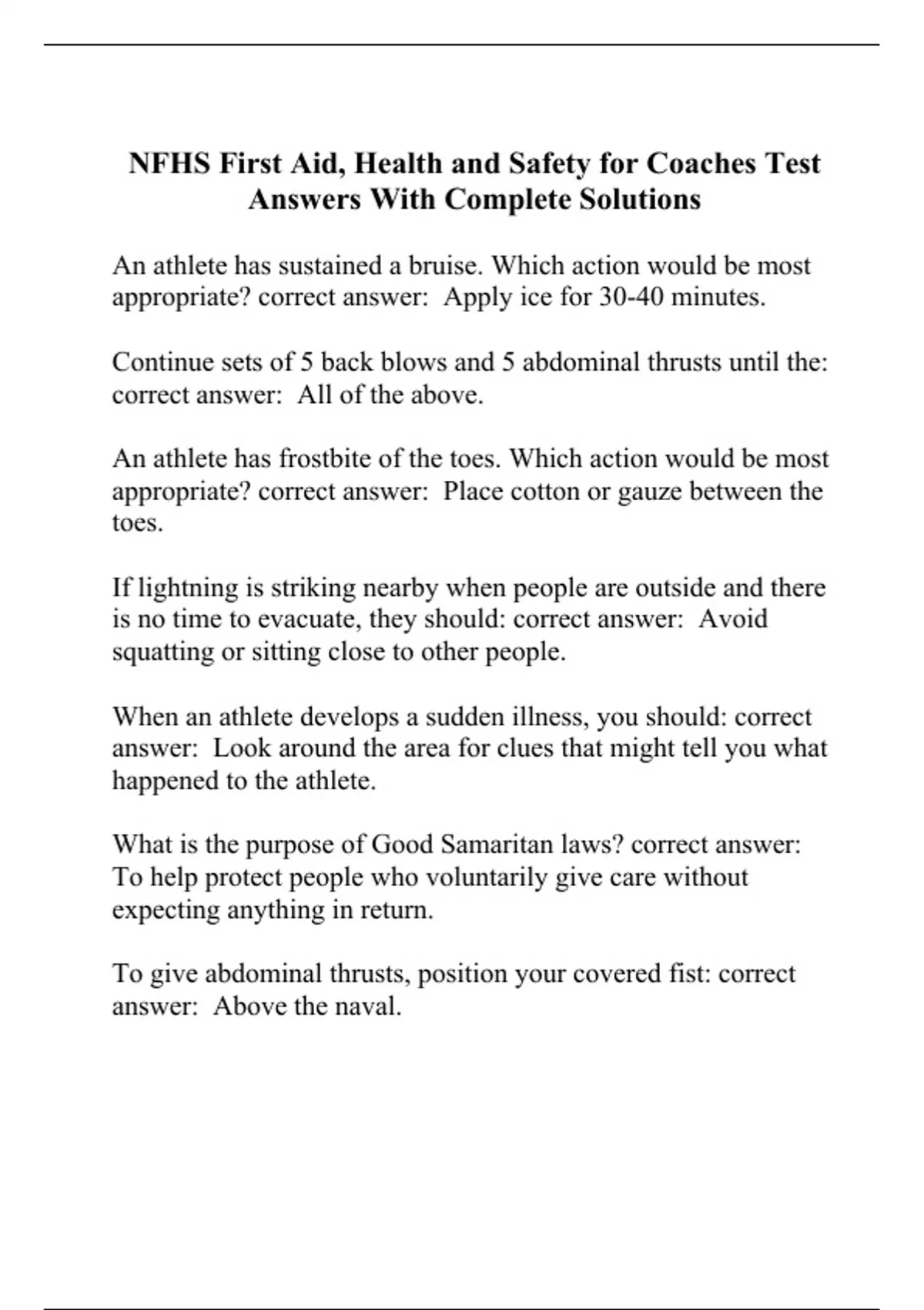 NFHS First Aid, Health and Safety for Coaches Test Answers With ...