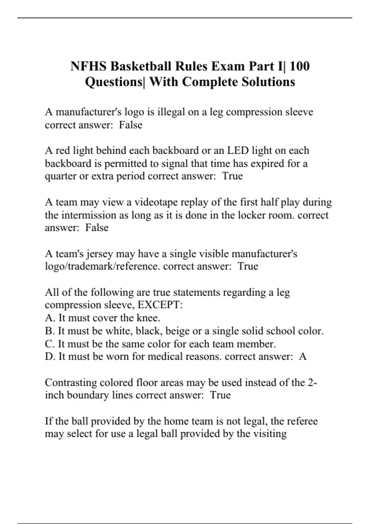 NFHS Basketball Rules Exam Part I| 100 Questions| With Complete ...
