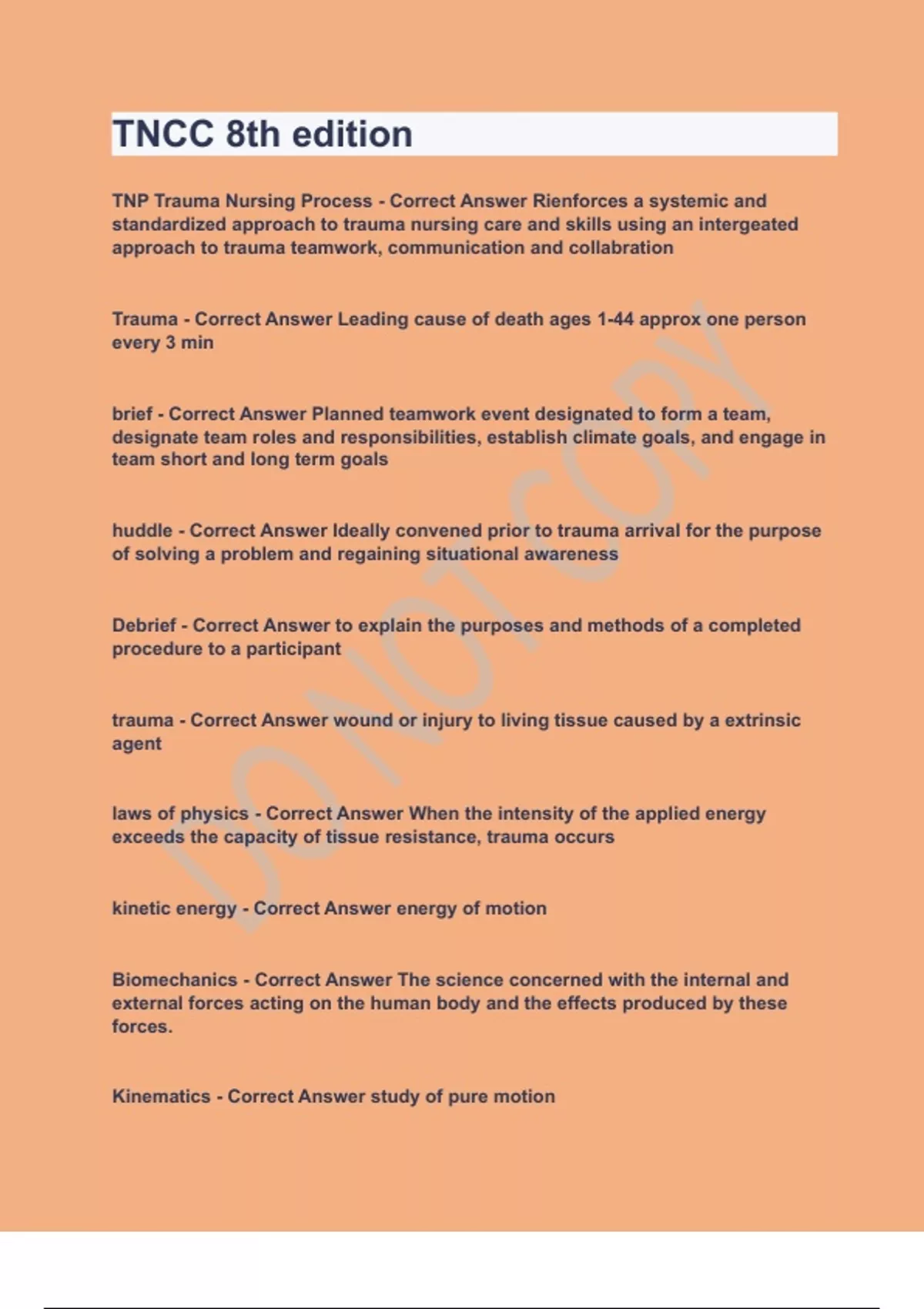 TNCC 8th edition Correct Questions and Answers - TNCC - Stuvia US