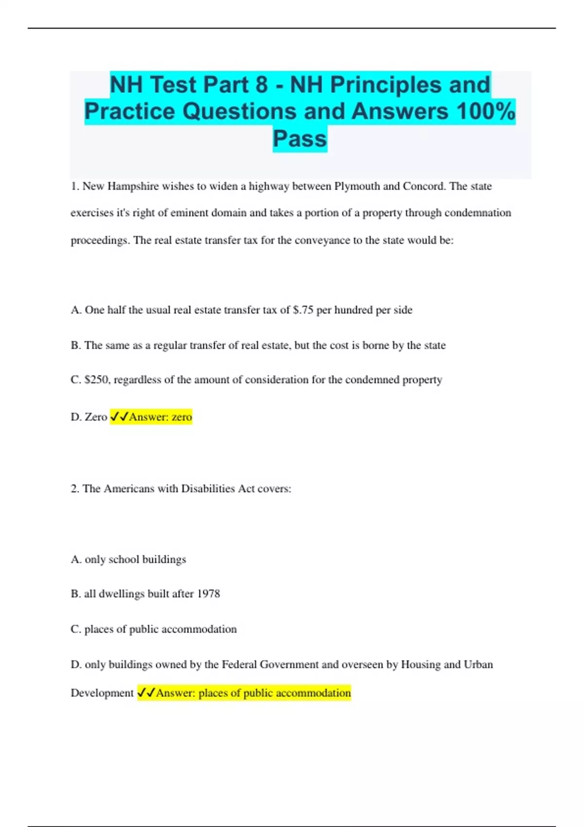 NH Test Part 8 - NH Principles and Practice Questions and Answers 100% ...