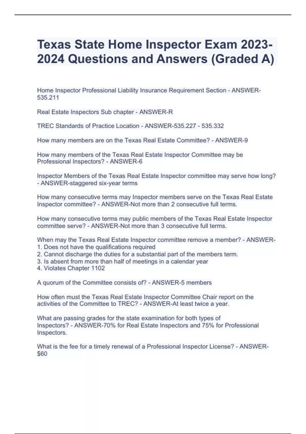 Texas State Home Inspector Exam Questions and Answers (Graded A ...
