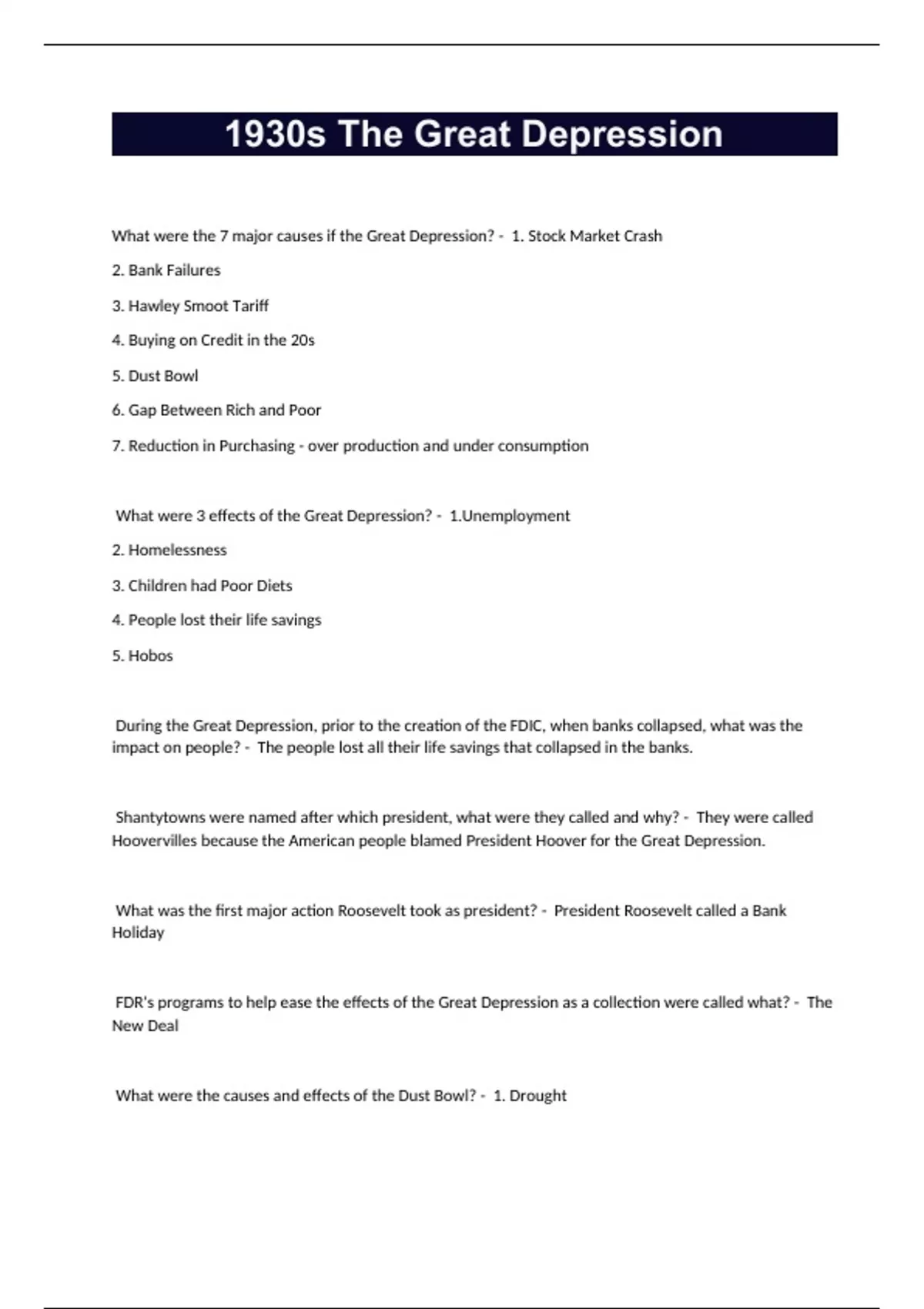 1930s The Great Depression - 1930s The Great Depression - Stuvia US