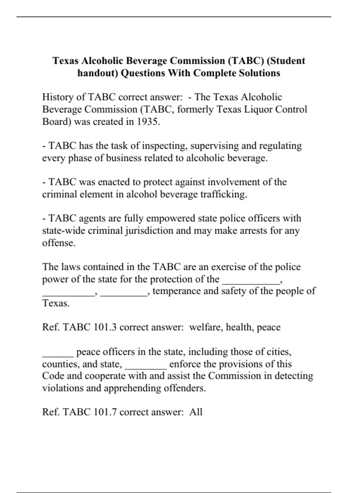 Texas Alcoholic Beverage Commission (TABC) (Student handout) Questions ...