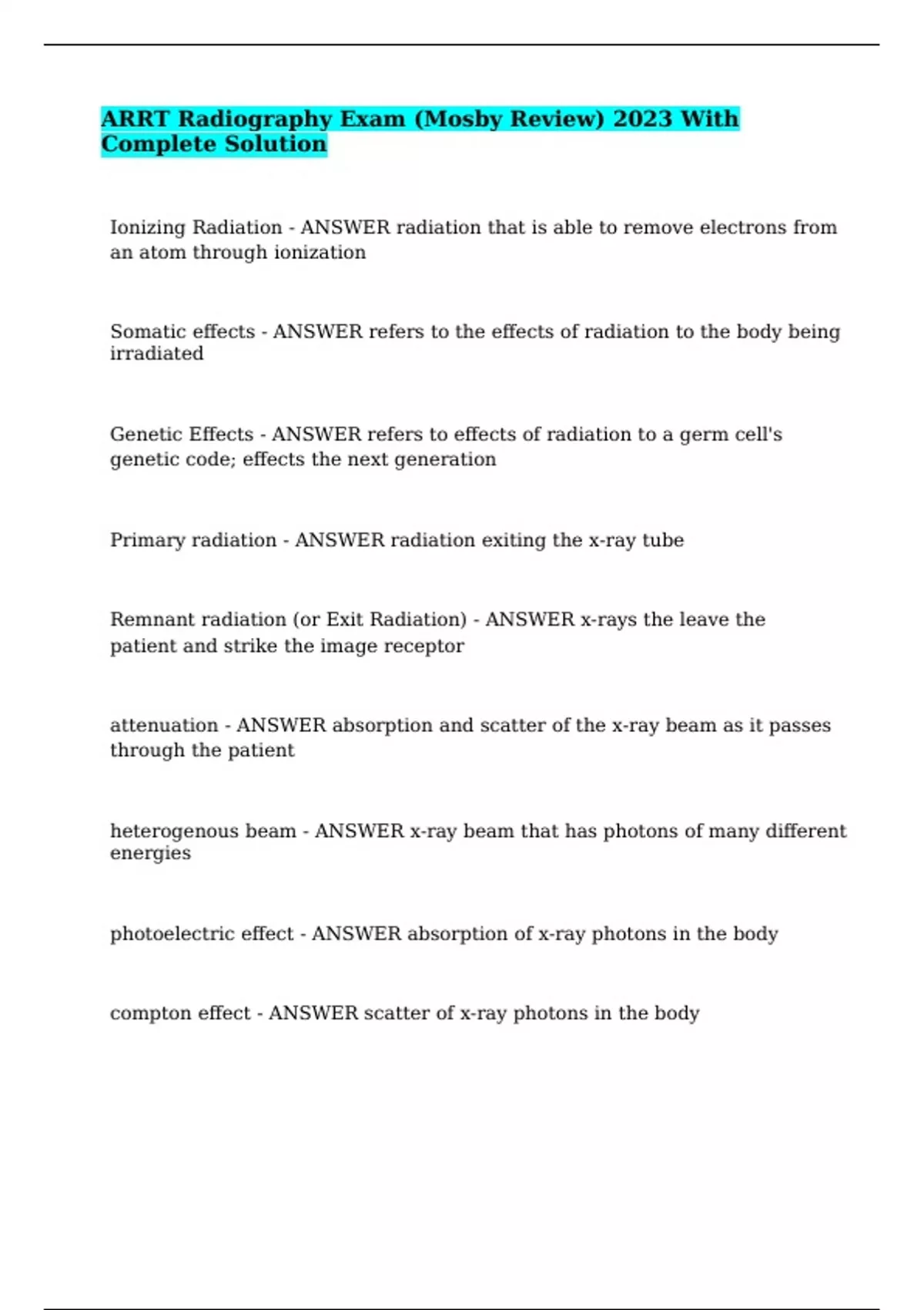 ARRT Radiography Exam (Mosby Review) 2023 With Complete Solution - Arrt ...