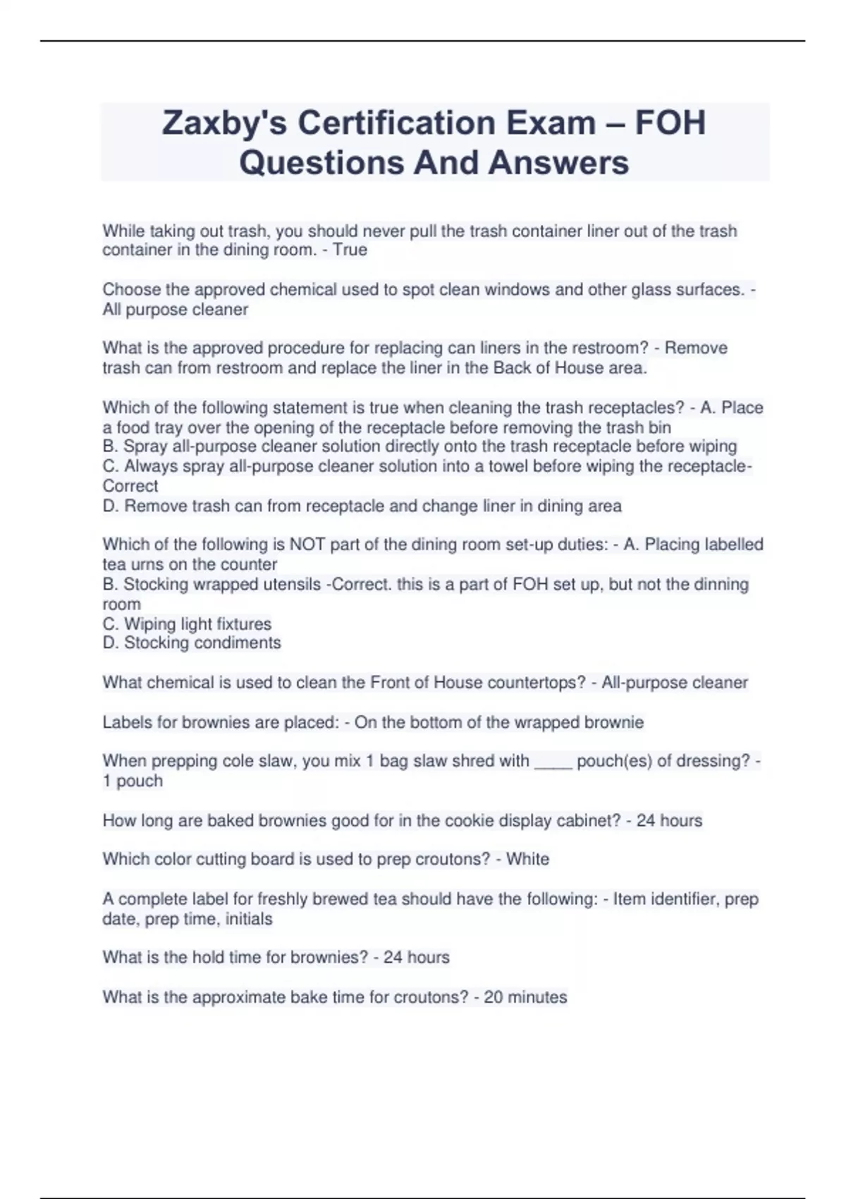 Zaxby's Certification Exam – FOH Questions And Answers - Zaxby\'s ...