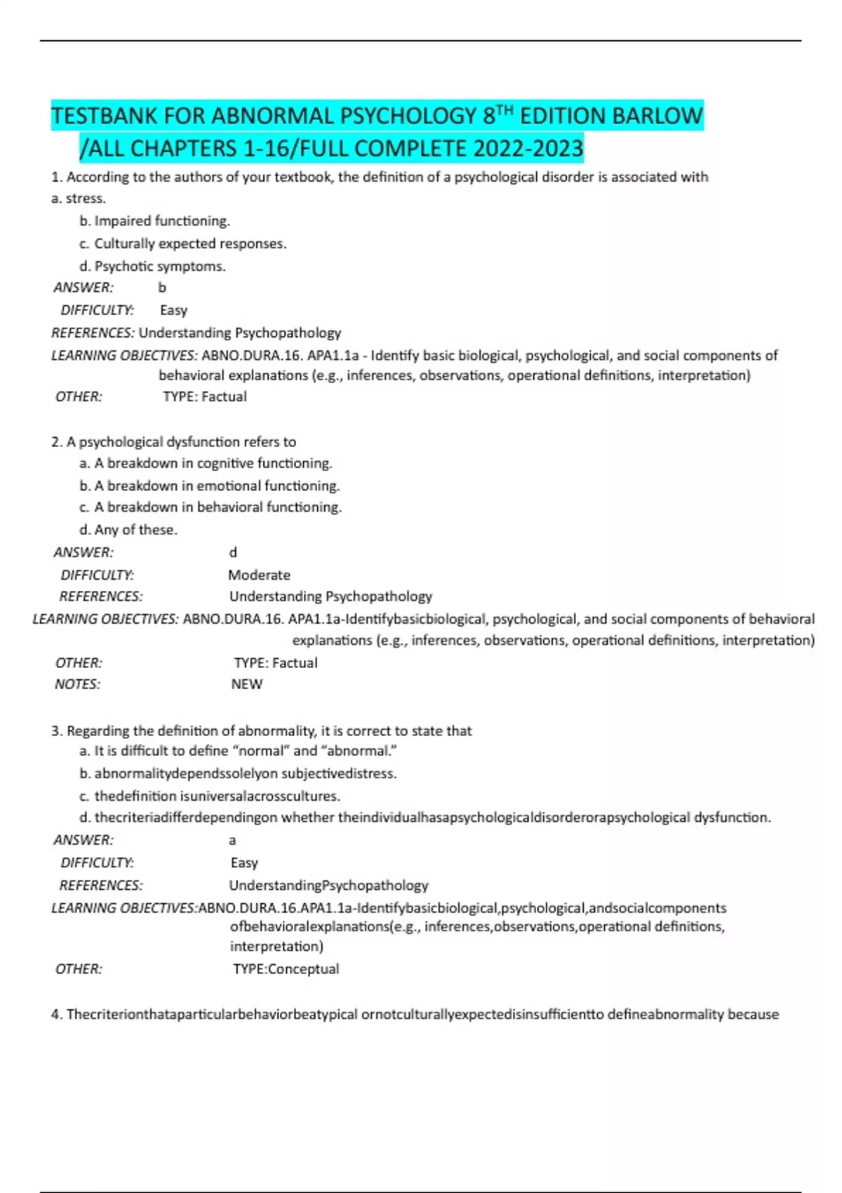 TESTBANK FOR ABNORMAL PSYCHOLOGY 8TH EDITION BARLOW /ALL CHAPTERS 1-16 ...