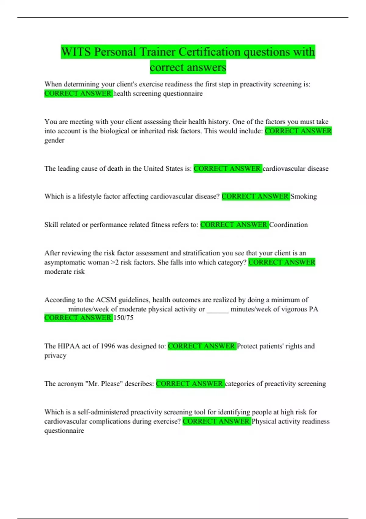 WITS Personal Trainer Certification questions with correct answers ...