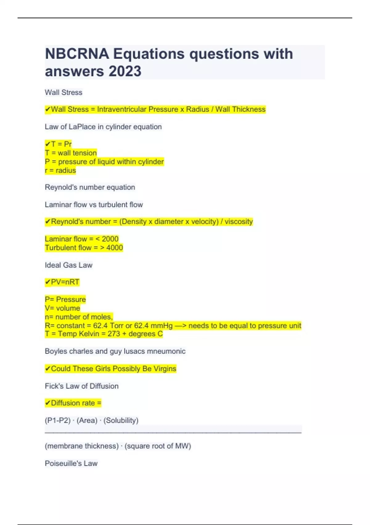 NBCRNA Equations questions with answers 2023 - NBCRNA - Stuvia US