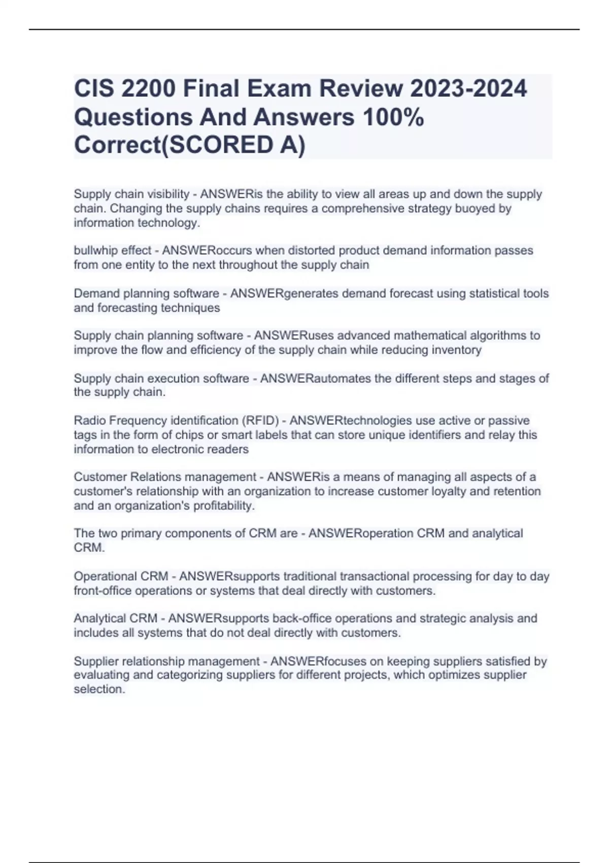 CIS 2200 Final Exam Review Questions And Answers 100% Correct(SCORED A ...
