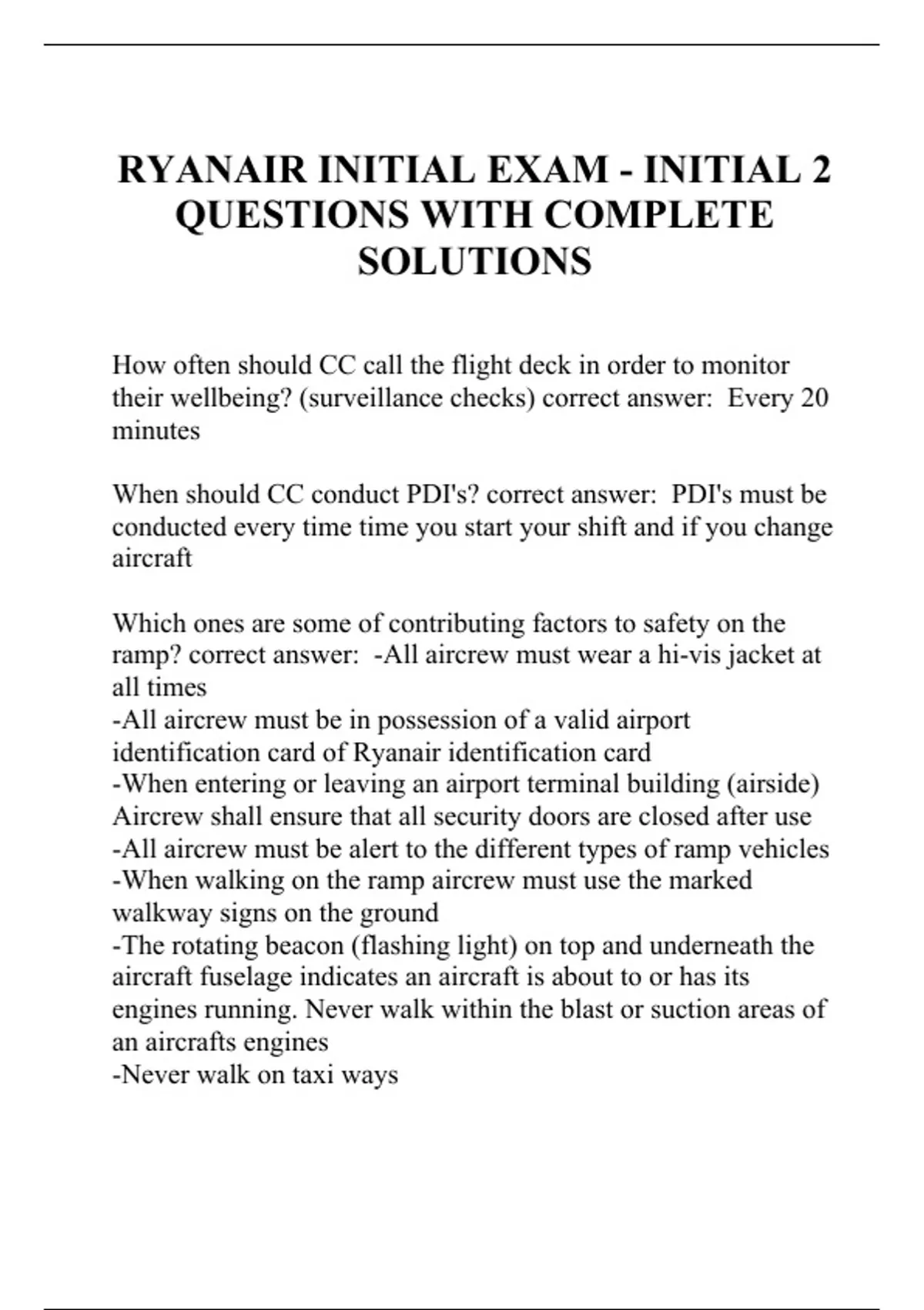 RYANAIR INITIAL EXAM - INITIAL 2 QUESTIONS WITH COMPLETE SOLUTIONS - Ryanair - Stuvia US