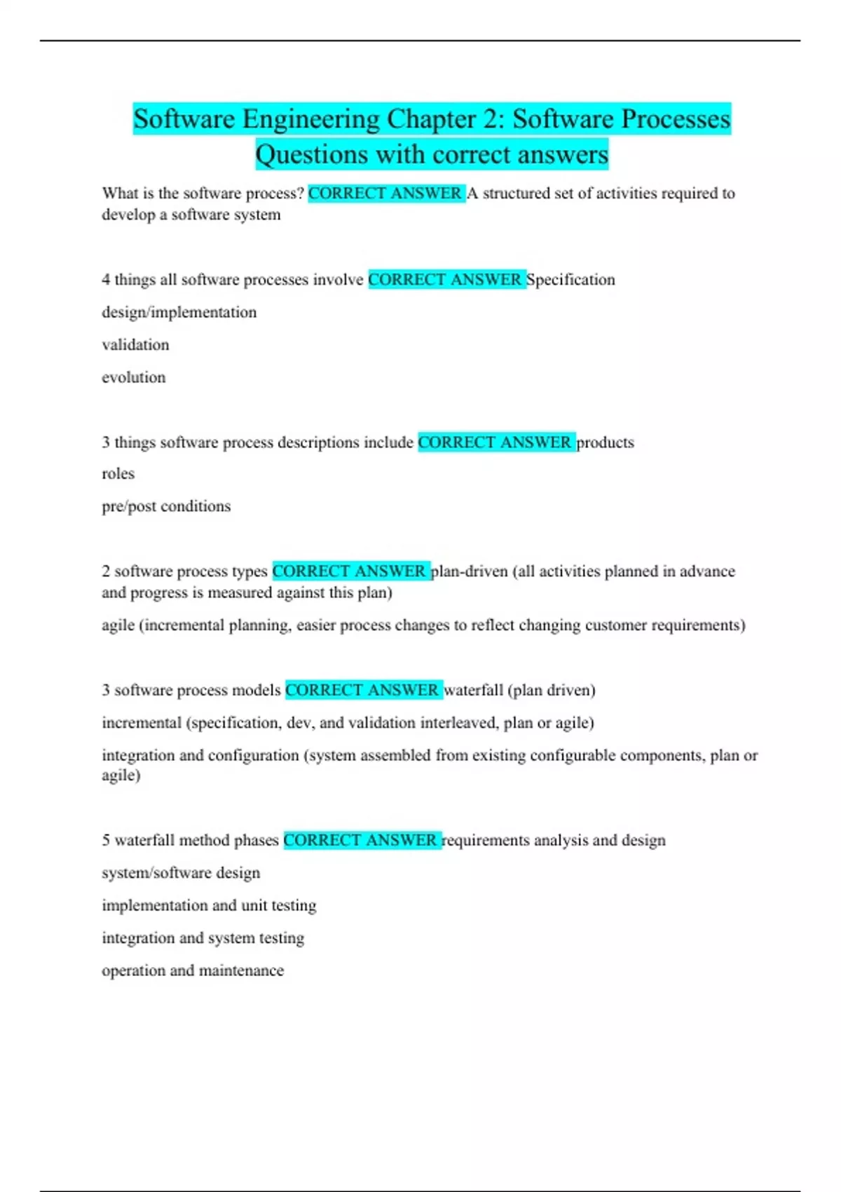Software Engineering Chapter 2: Software Processes Questions with correct answers - Software ...