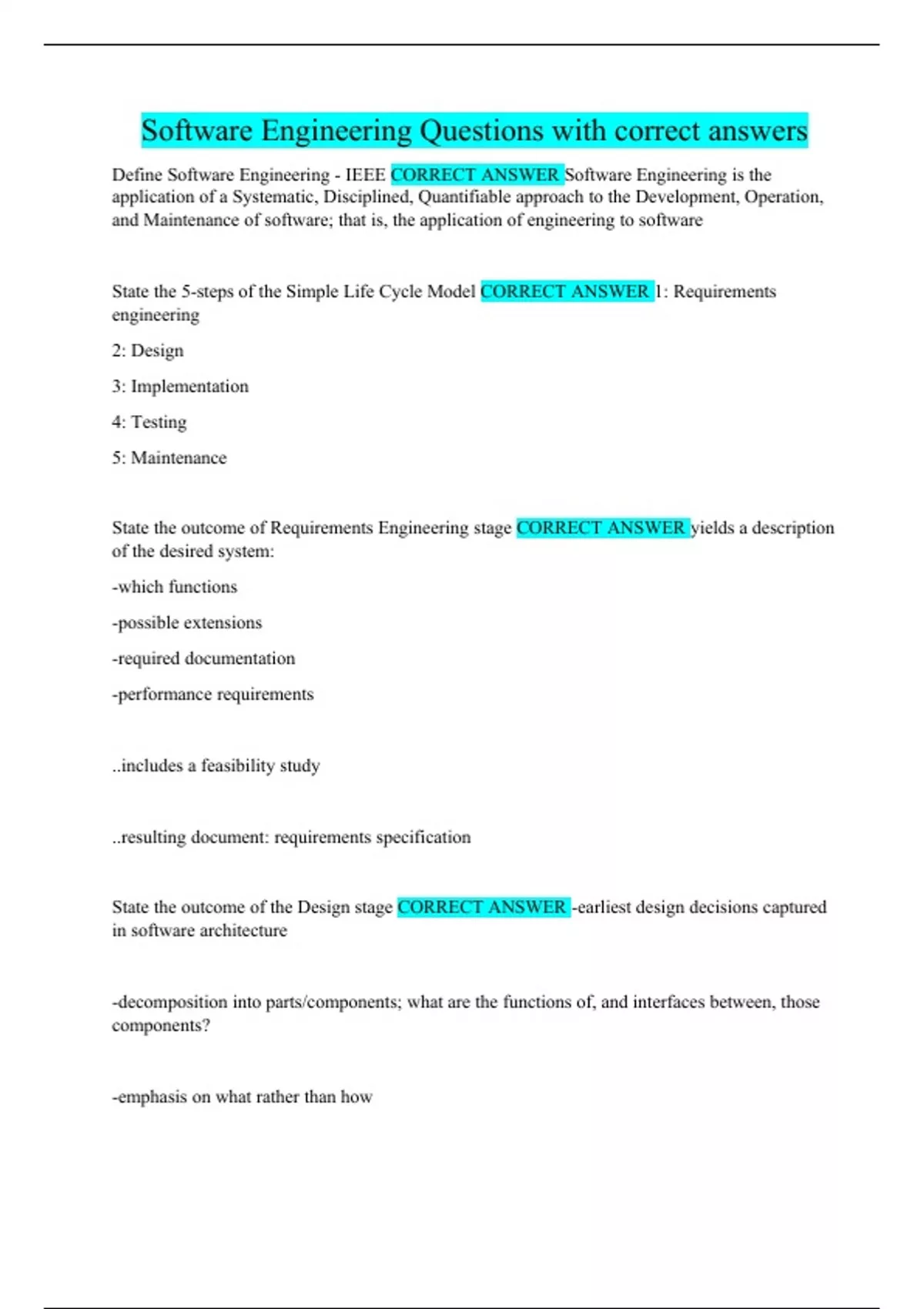 Software Engineering Questions with correct answers - Software Engineering - Stuvia US