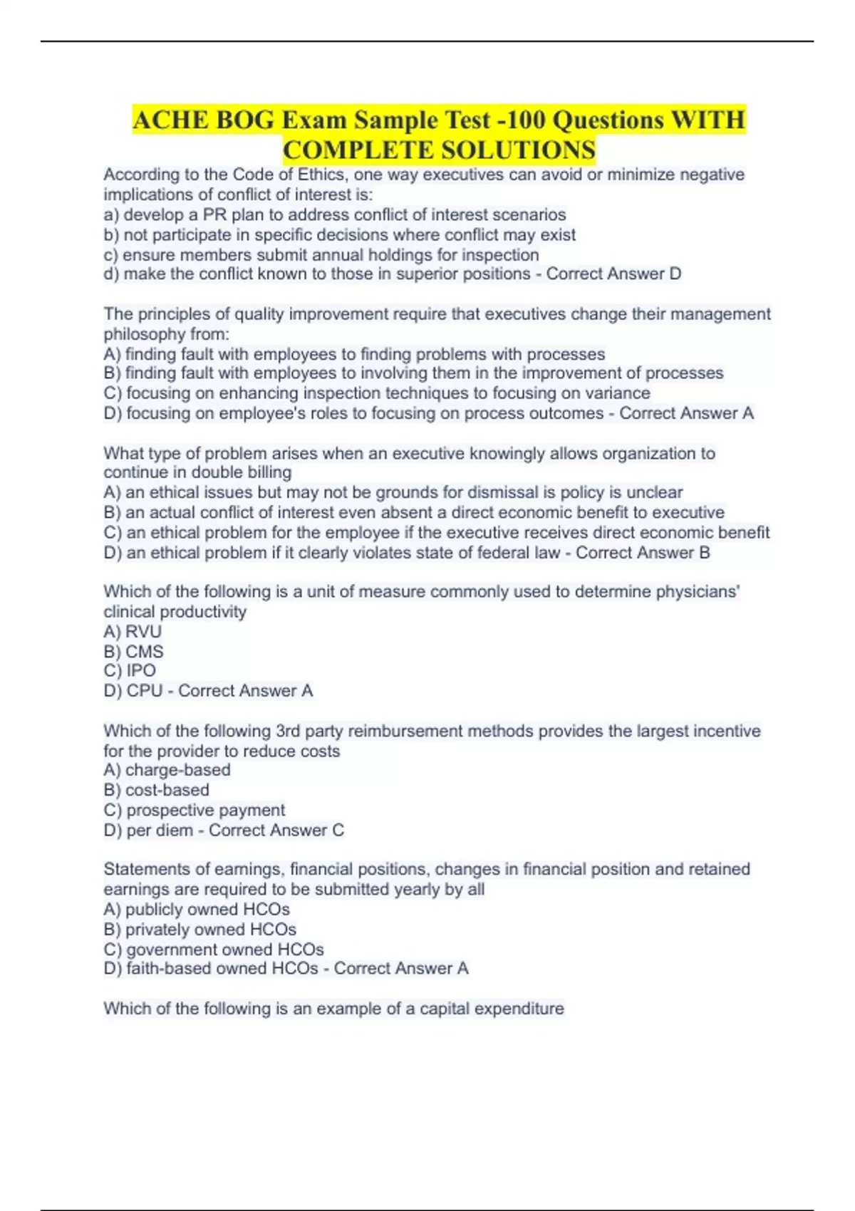 ACHE BOG Exam Sample Test -100 Questions WITH COMPLETE SOLUTIONS - ACHE ...