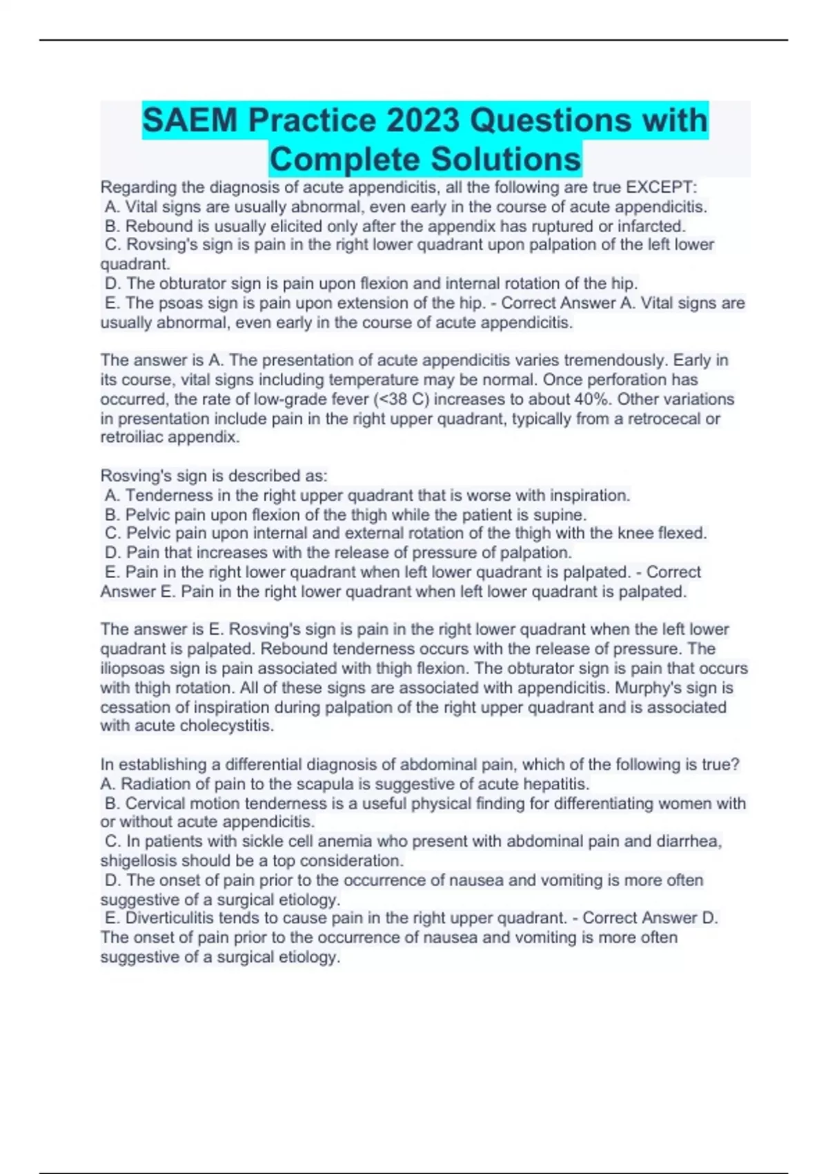 SAEM Practice 2023 Questions with Complete Solutions - SAEM - Stuvia US