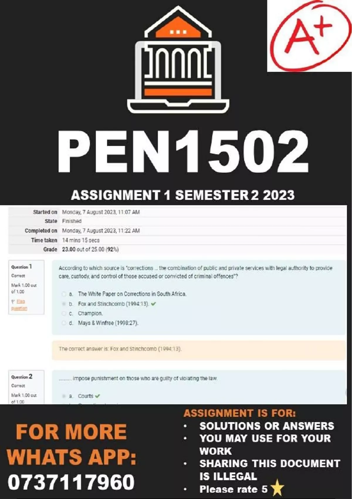PEN1502 Assignment 1 Semester 2 2023 (ANSWERS) - PEN1502 - Correctional ...