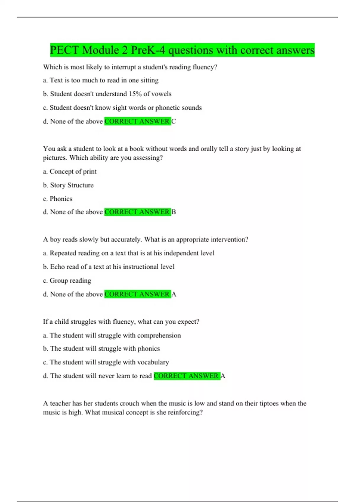PECT Module 2 PreK-4 questions with correct answers - PECT - Stuvia US
